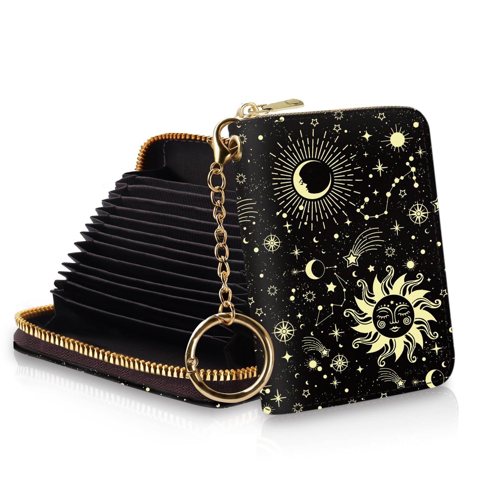 Yonlevres Credit Card Holder RFID Wallet, Astrological Sun Moon Small Card Holder Wallet for Women with Keychain Zipper, Leather Print Credit Card Case Organizer Accordion Gift