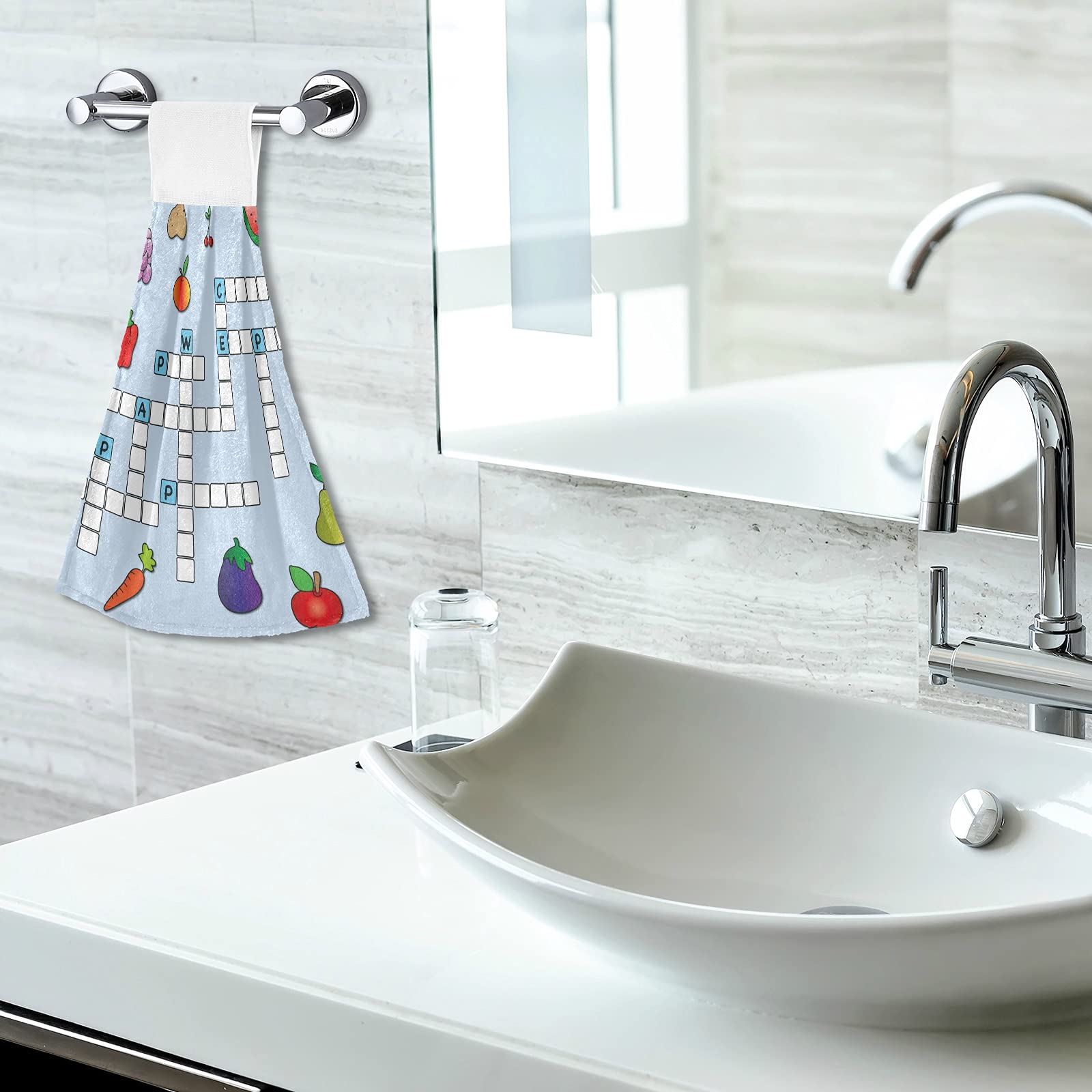 Vnurnrn Hand Towels for Kitchen 2 Pcs Hanging Kitchen Towels Set,Crossword Fruits Soft Absorbent Tea Bar Dish Cloths Bath Towel 123 for Bathroom Laundry Room