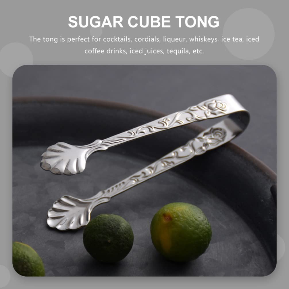 UPKOCH Ice Tong Sugar Cube Clip: Metal Sugar Tongs Vintage Rose Relief Stainless Steel Ice Cube Tong Small Food Clips for Appetizer Dessert Kitchen Silver