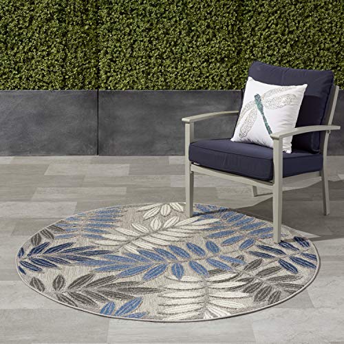 Nourison Aloha Indoor/Outdoor Grey/Blue 5'3" x Round Area Rug, Easy Cleaning, Non Shedding, Bed Room, Living Room, Dining Room, Backyard, Deck, Patio (5 Round)