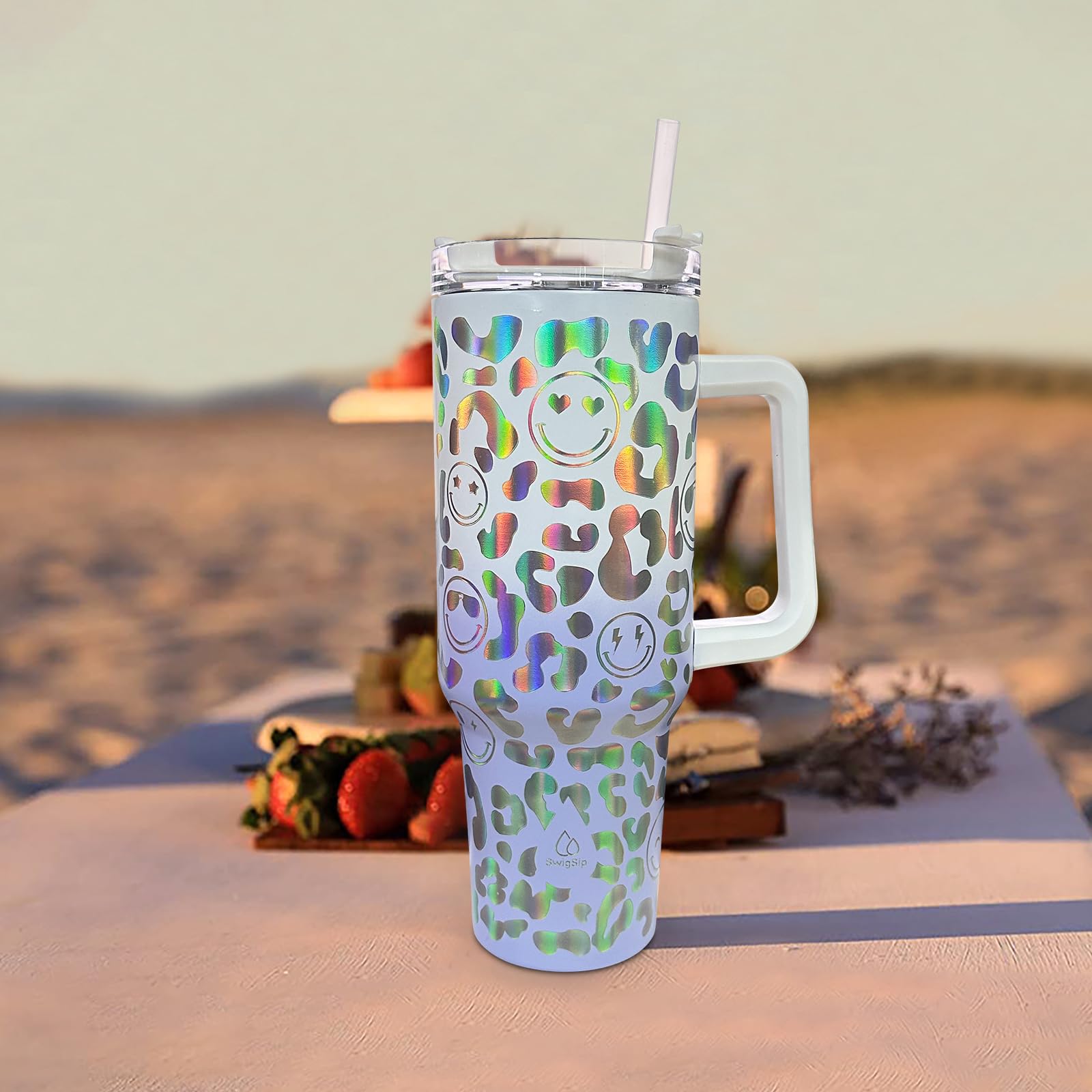 Swig Sip 40oz Leopard Tumbler - Double Wall Stainless Steel Dishwasher Safe Vacuum Insulated Travel Tumblers with Handle & Straw (White Purple)