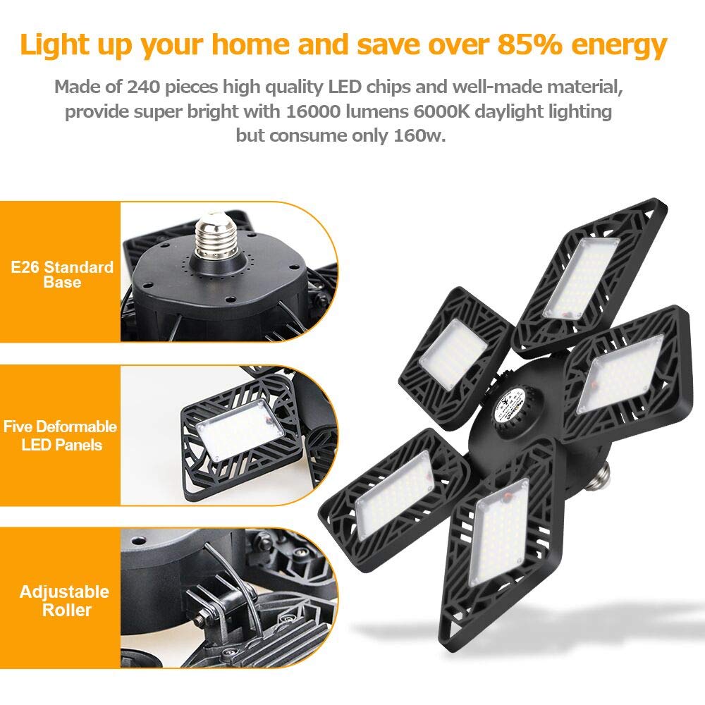 Upgraded 160W LED Garage Light, 16000LM Super Bright Motion Sensor Garage Light with 5 Deformable LED Panels, 6000K Daylight Ceiling Garage Light for Garage, Barn, Workshop, Warehouse(2 Pack)