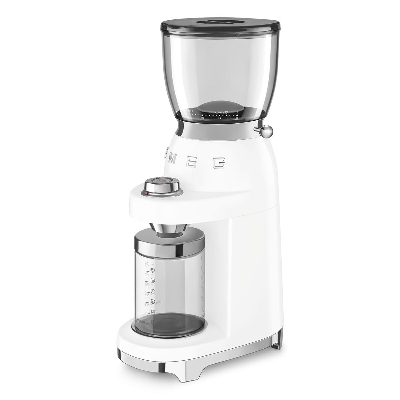 Smeg CGF01WHUK Coffee Grinder, Aluminium Construction, 50's Retro Style, 8 Programme Settings and 3 Grinding Grades, White