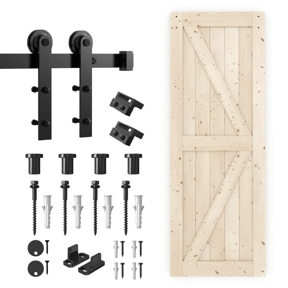 WINSOON 5FT Black Straight Design Sliding Roller Barn Single Wood Door Hardware Closet Track Kit with 30in x 84 in Sliding Barn Door