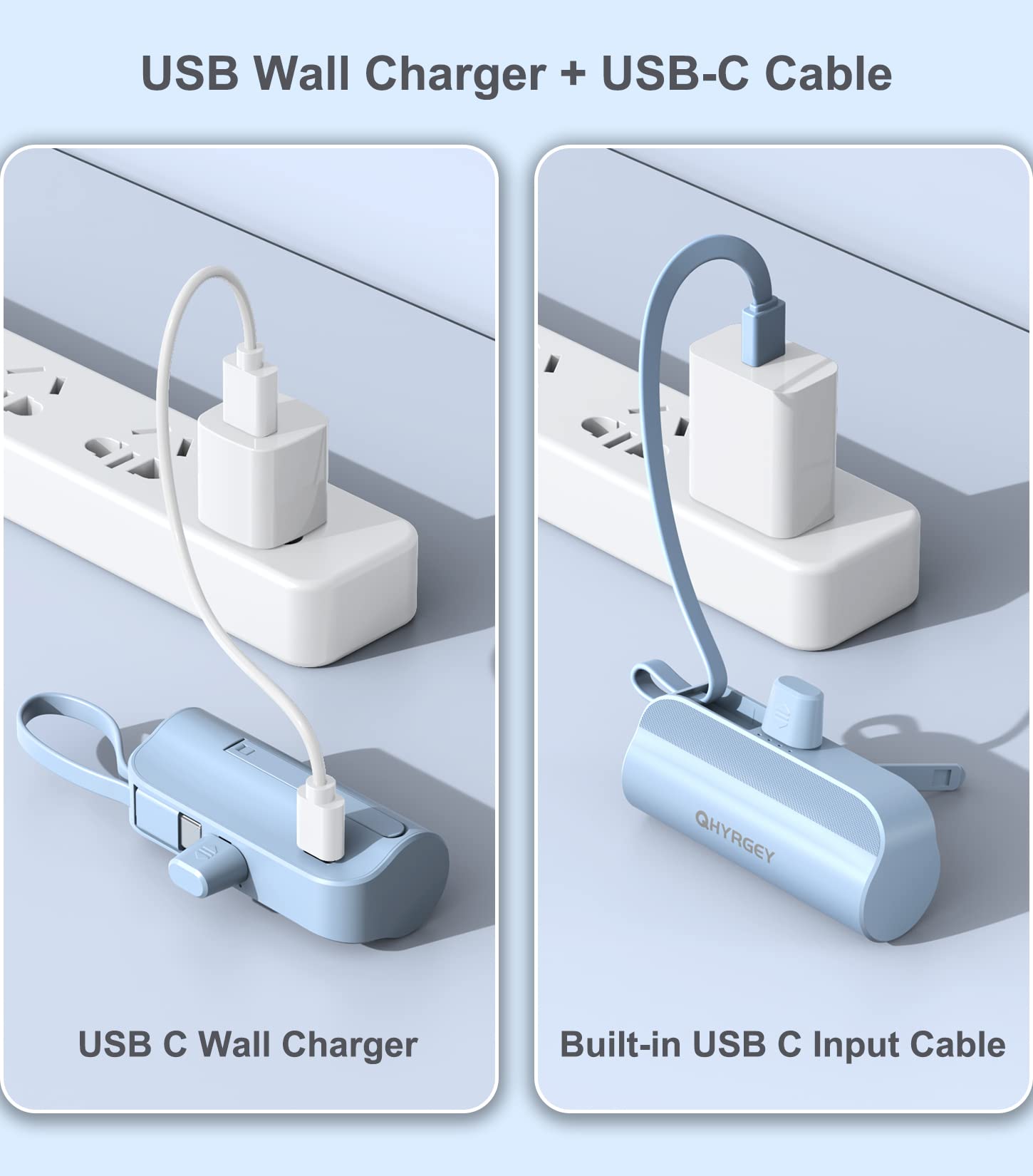 QHYRGEY Mini Portable Charger USB C, Small Power Bank 5000mAh with Built in Cable and Cell Phone Holder, Battery Pack Compatible with iPhone 15,15Pro,15Plus, Galaxy S23,S22,S21, etc(Blue)