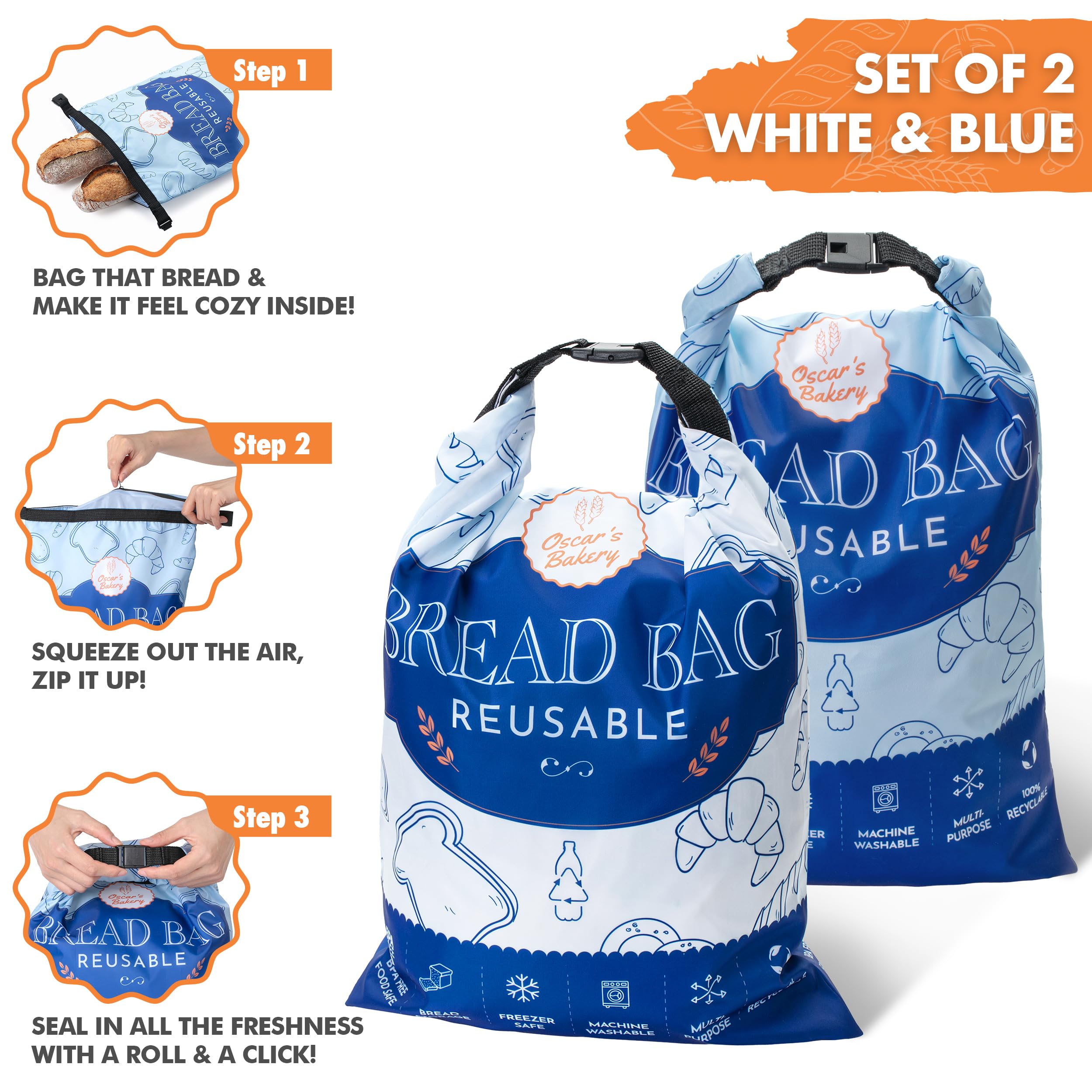 Reusable Bread Bags for Homemade Bread- Sourdough Bread Bags- Freezer Safe, BPA-Free Homemade Bread Storage Bags- Bread storage containers Double Lining & Zipper. Classic Blue- 2 Pack- Oscar's Bakery