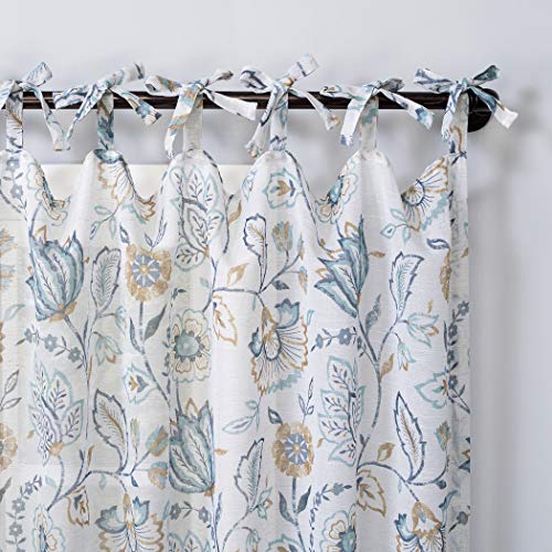 No. 918 Cielle 2-pack Folk Floral Linen Blend DIY Crafted Sheer Tie Top Curtain Panel Pair, 50" x 84", Silver Gray
