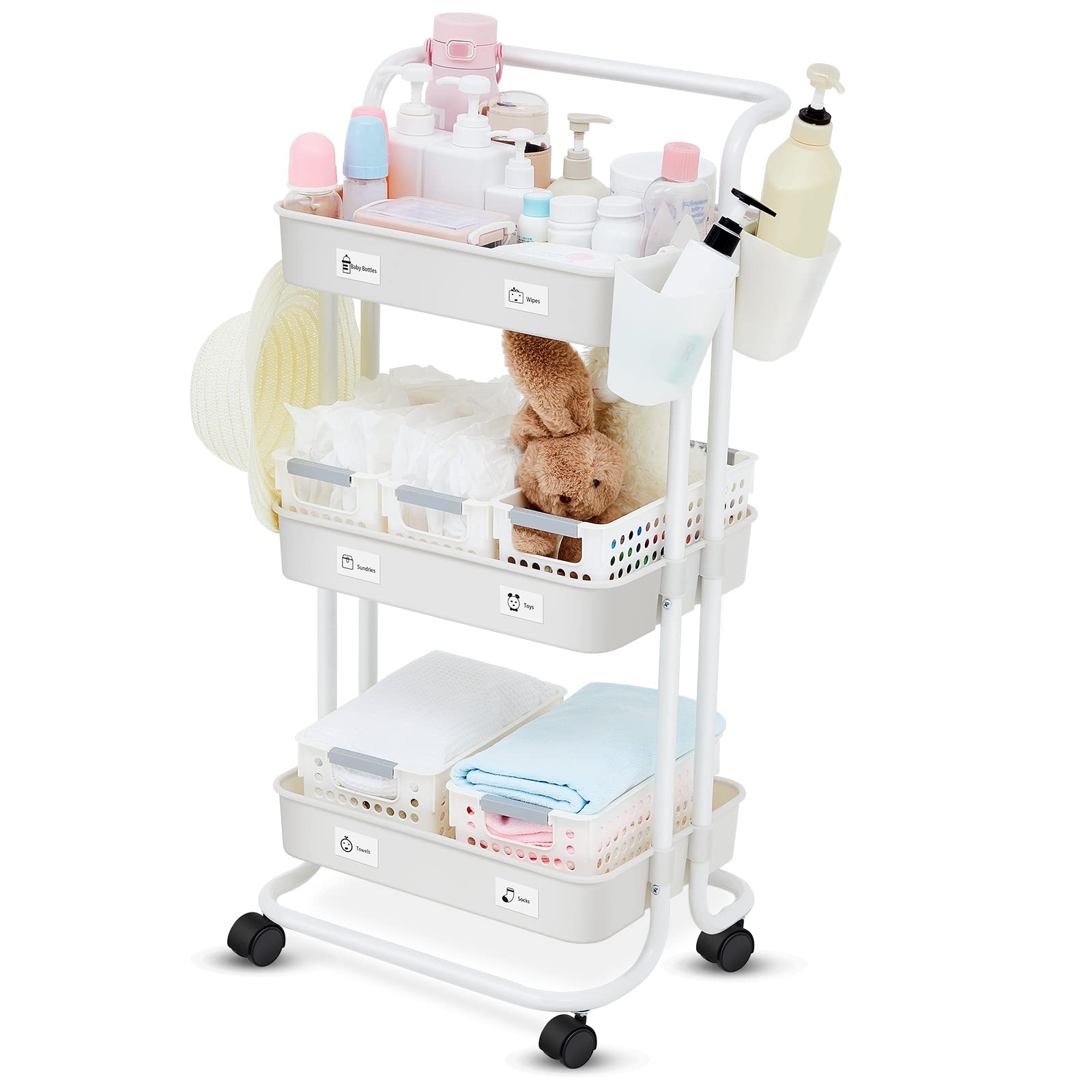 Tanlade Baby Diaper Cart Organizer 3 Tier Diaper Caddy Organizer with Wheels Baby Diaper Storage Organizer Nursery Cart Diaper Caddy with Baskets Hanging Cups Sticker for Crib Changing Table, White