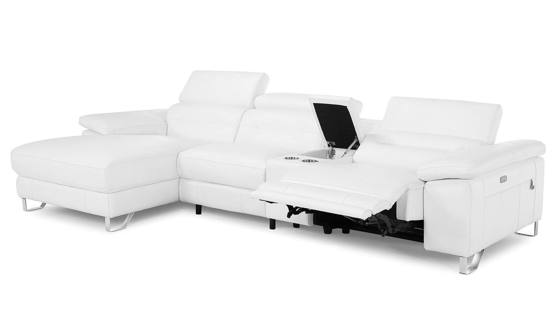 Zuri Furniture Monaco Reclining Leather L-Sectional with Console, White