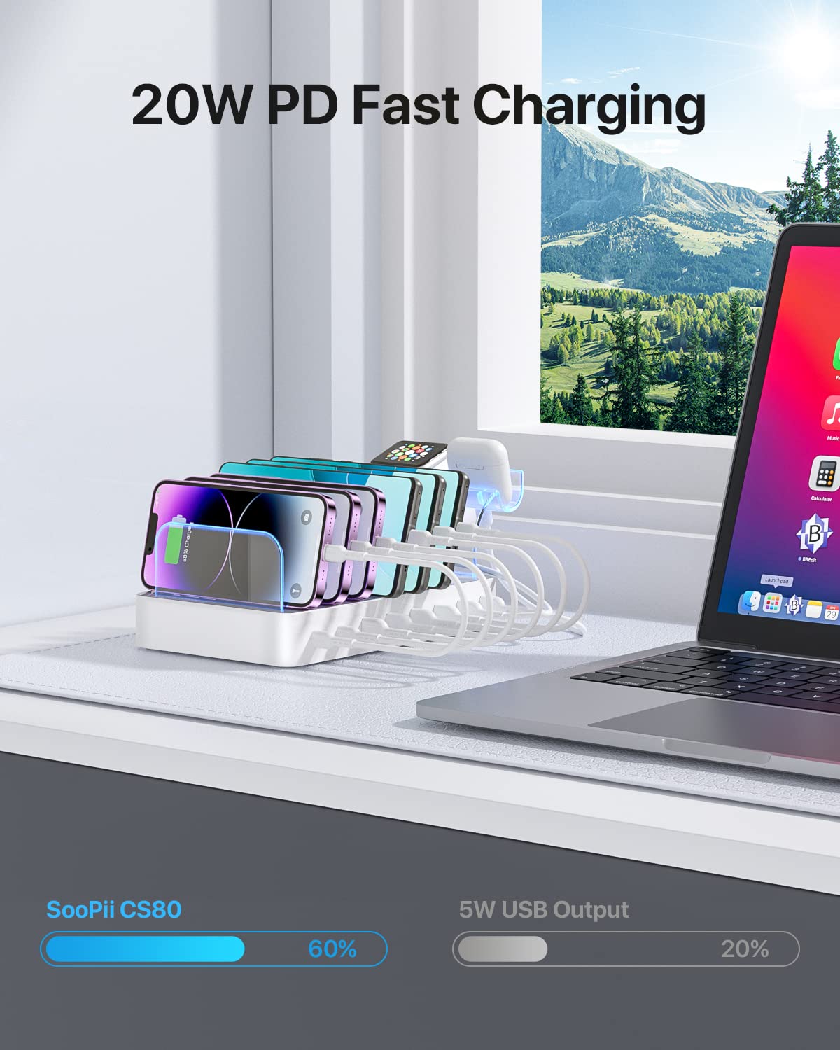 SooPii 8-Port USB-C Charging Station for Multiple Devices, with 1 PD 20W Port Supports Fast Charging, 8pcs Mixed Charging Cables and 1pcs Upgraded Holder for lWatch Charger & Air-Pods, White