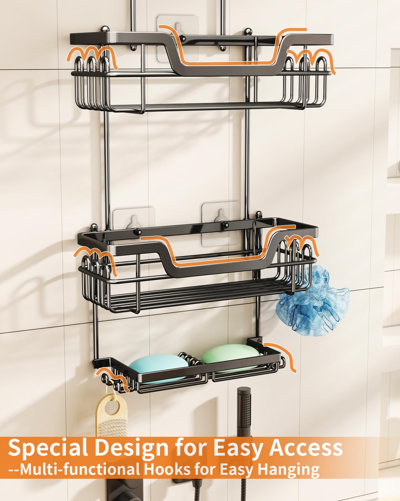 SWTYMIKI 3 Tier Rustproof Hanging Shower Caddy with 16 Hooks & Dual Soap Holder, Large Capacity Over Shower Organizer for Bathroom Shower Room, Black