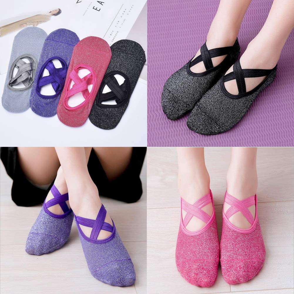 Non Slip Yoga Socks with Grips 4 Pack Straps Barre Pilates Ballet Dance Anti-Skid Socks for Women