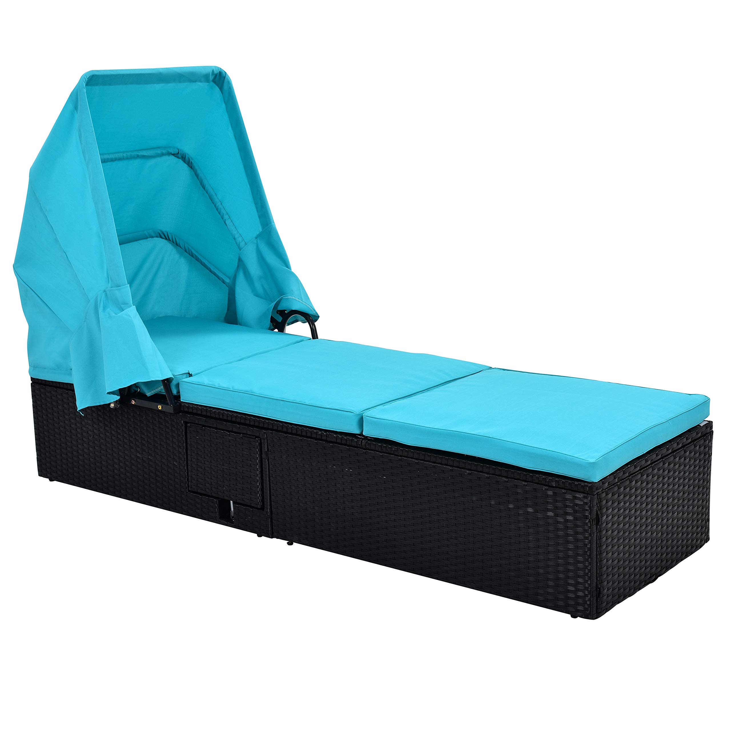 OPTOUGH Outdoor Chaise Lounge Chair with Folding Canopy, 76.8" Long Cushioned Reclining Rattan Sun Lounger with Adjustable Backrest, w/Cup Table, for Beach Poolside Backyard Balcony Porch, Blue