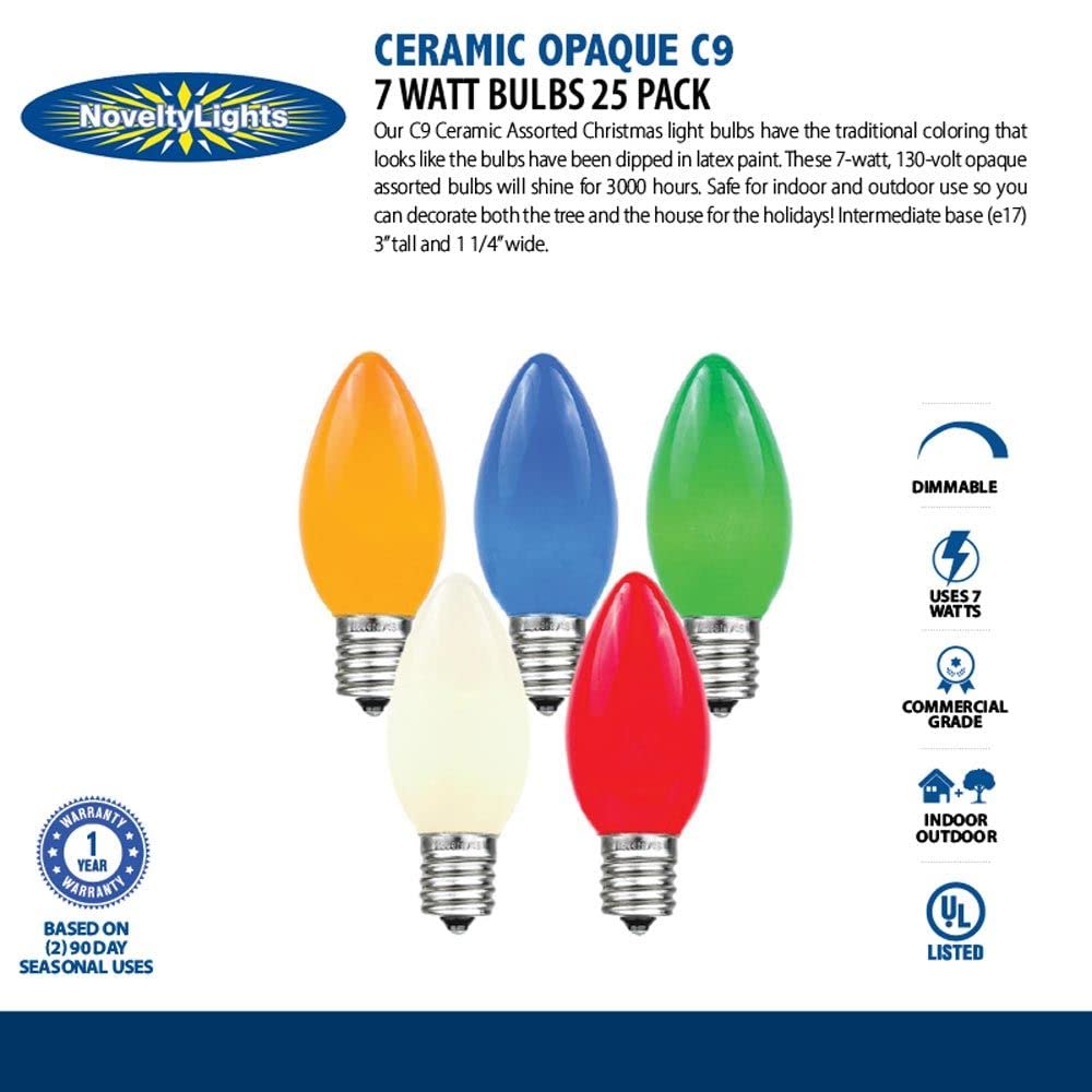 Novelty Lights 25 Pack C9 Ceramic Outdoor Christmas Replacement Bulbs, Multi, E17/C9 Intermediate Base, 7 Watt
