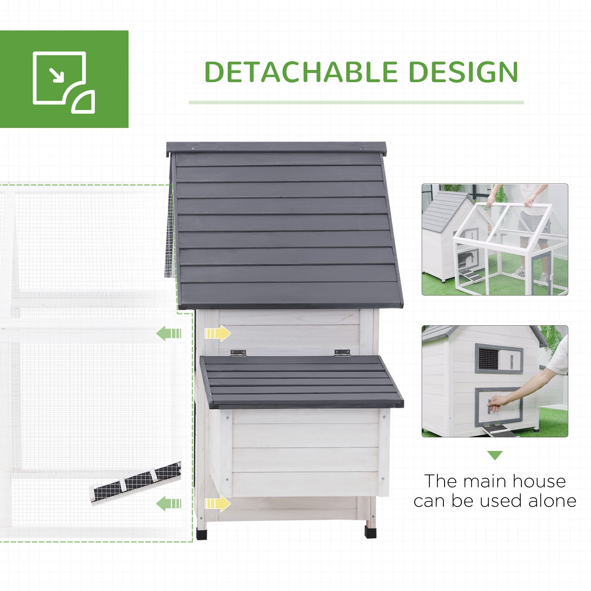 PawHut 65" Chicken Coop Wooden with Detachable Run, Outdoor Chicken House Poultry Cage Hen with Nesting Box, Removable Tray, Roosting Bars, Ramp, for Garden Backyard, Gray