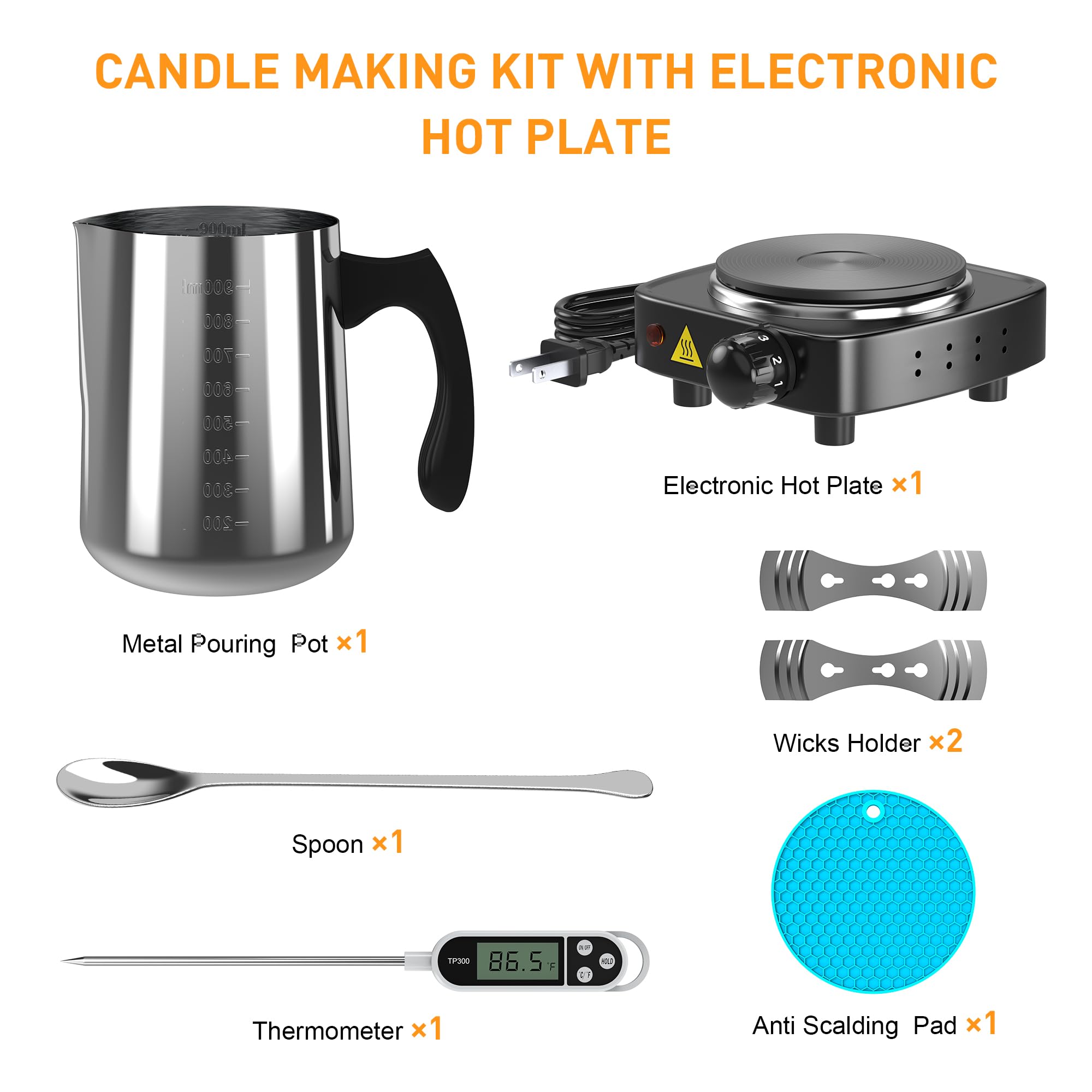 Ohcans Candle Making Kit with Electronic Hot Plate, Candle Making Kit for Adults, DIY Starter Candle Making Supplies, with 900ml Candle Make Pouring Pot, Stirring Spoon, Wicks Holder, Thermometers