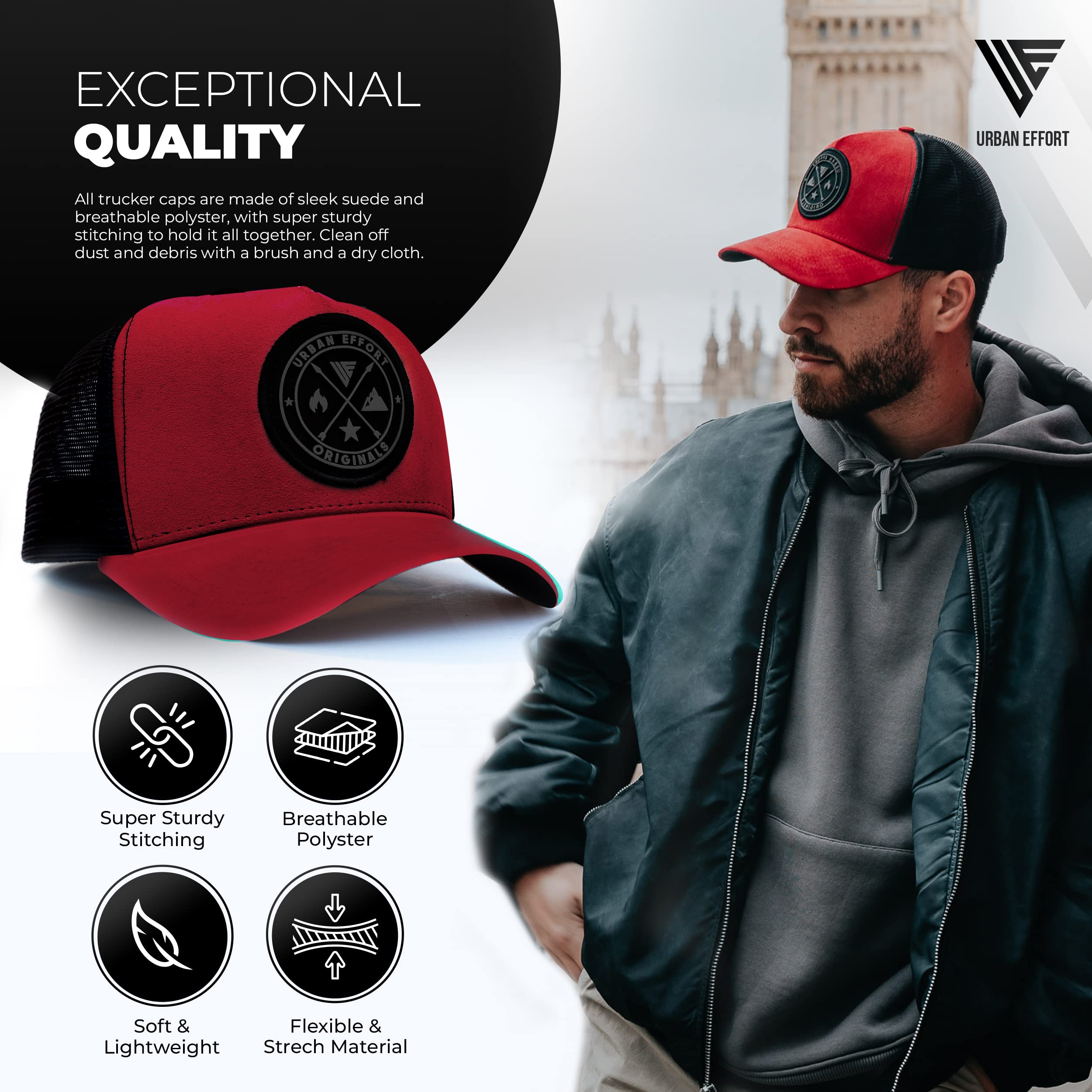 Urban Effort Mesh Back Cap - for Men and Women Baseball Hat 5-Panel Trucker Hat - Great Snapback Closure for Hunting & Hiking (Red)