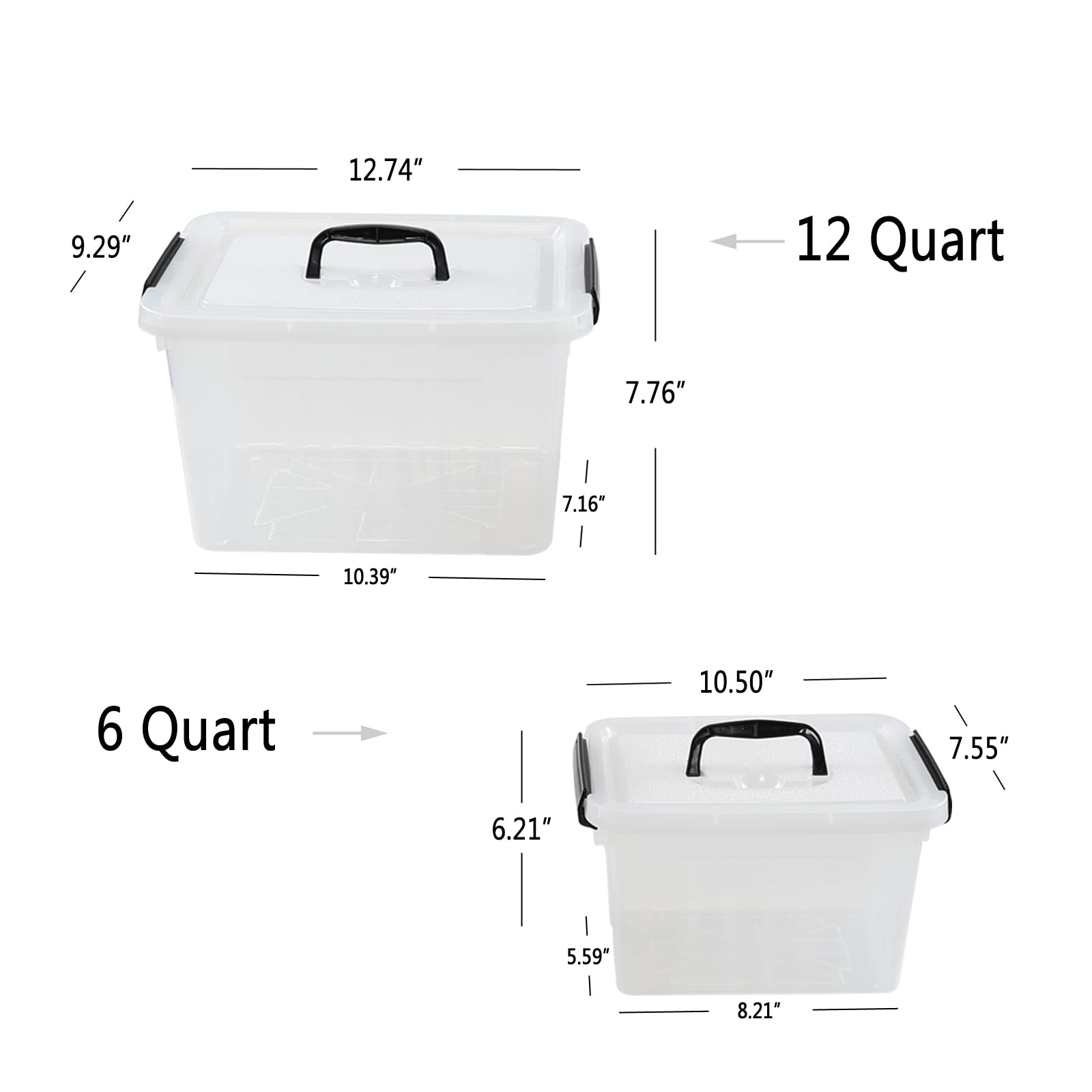 Saedy 12 Quart & 6 Quart Plastic Latching Storage Container Box with Handle, 2 Pack Clear Lidded Bin