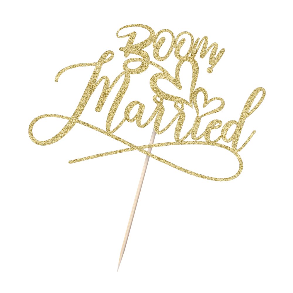 Sodasos BOOM! Married Wedding Cake Topper,Funny Cake Topper, Quirky, Nerdy Topper,Married Cake Topper,Bridal Shower,Theme Wedding Party Supplies (gold)