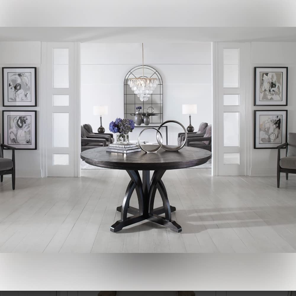 MY SWANKY HOME Elegant Black Wood Diamond Arch Round Dining Table | 4 6 Seat Entry Classic