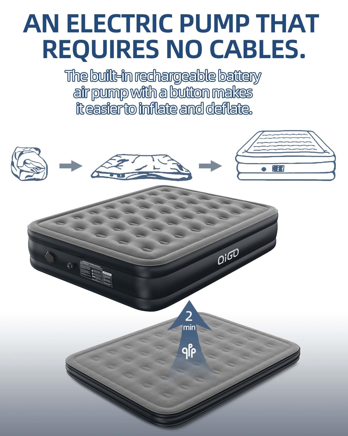 QIGO Air Mattress Queen Size with Chargeable Battery Built in Pump, Blow up Mattress for Camping, Home and Guests, Quick Self Inflating Air Bed, Colchon Inflable - Portable, Comfortable and Durable