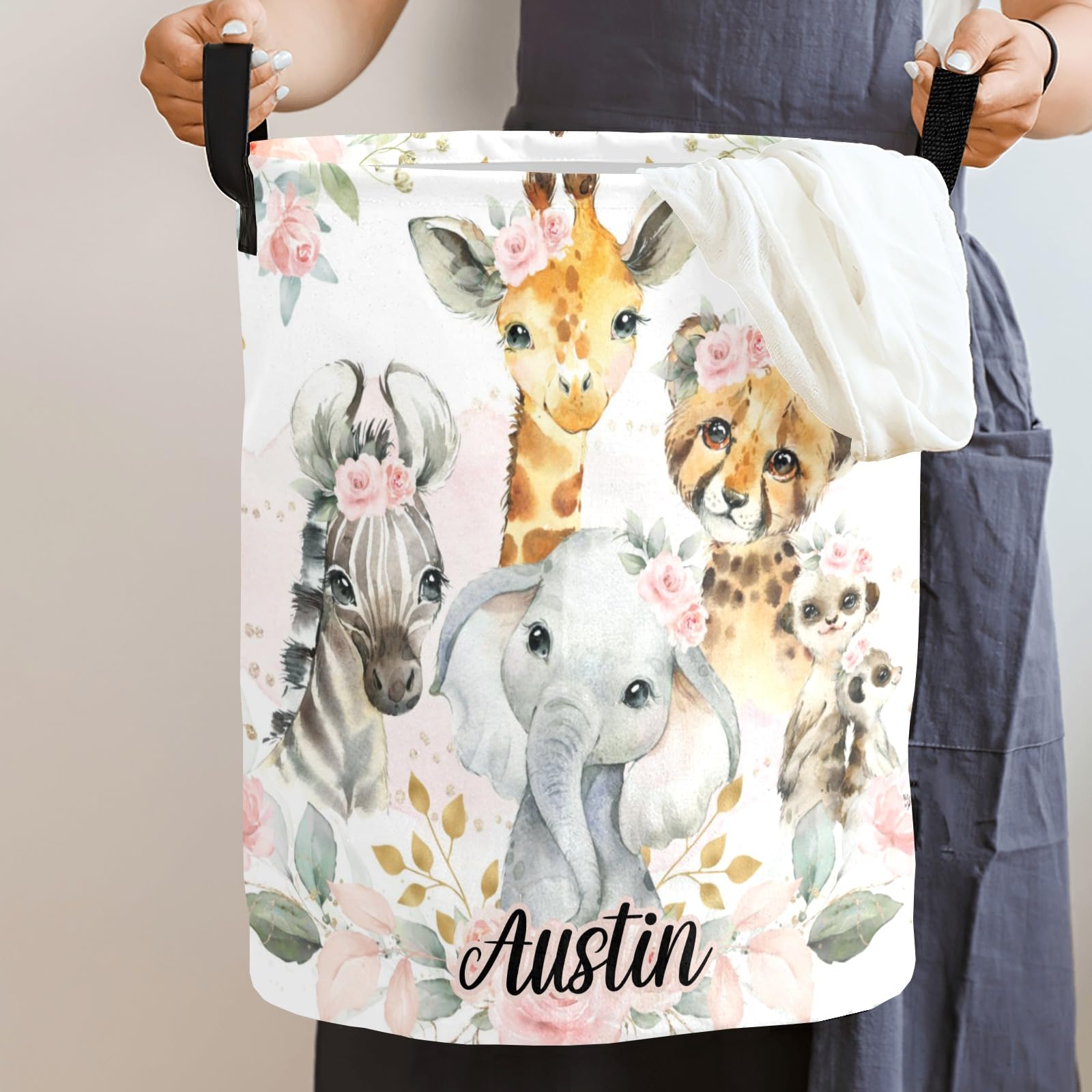 Safari Animals Floral Personalized Laundry Basket Clothes Storage with Handle Waterproof, Custom Foldable Hamper for Boys Girls Bedroom Nursery Toy