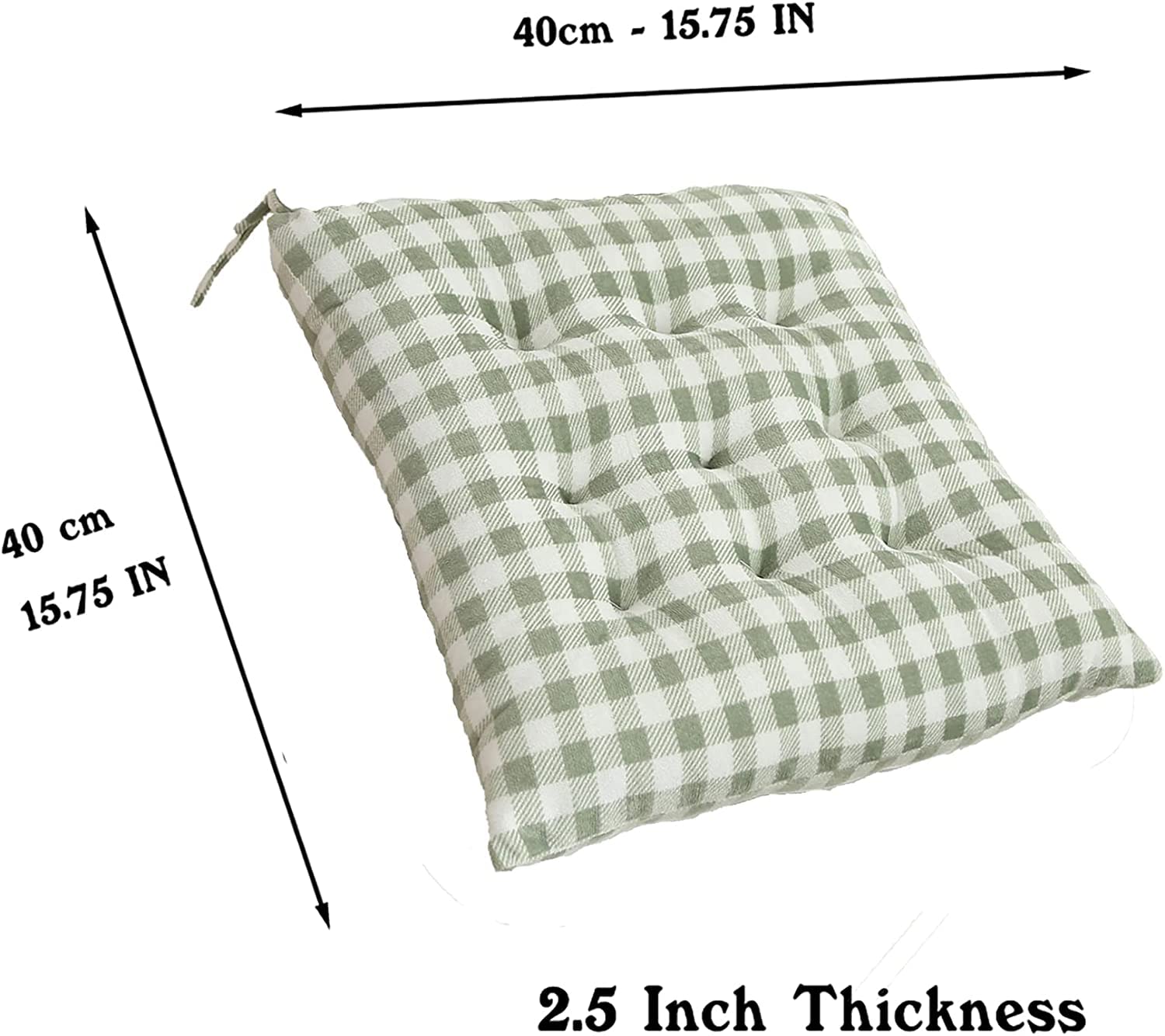 WAGHAIXAX 16 inch x16 Buffalo-Checked Plaid Dining Chairs Cushions, Soft Seat Pads Set Cotton Filled Square Cushion Chair for Kitchen Room Office, with Ties (Green, 2)