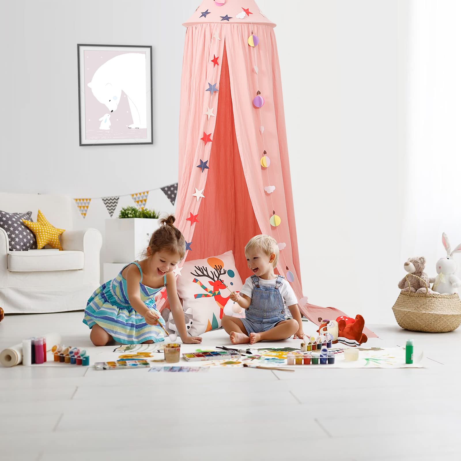 YAERSI Bed Canopy for Kids Bed, Round Dome Crib Nook Princess Castle, Play Tent Hanging Room Decoration, Dreamy Mosquito Net Bedding