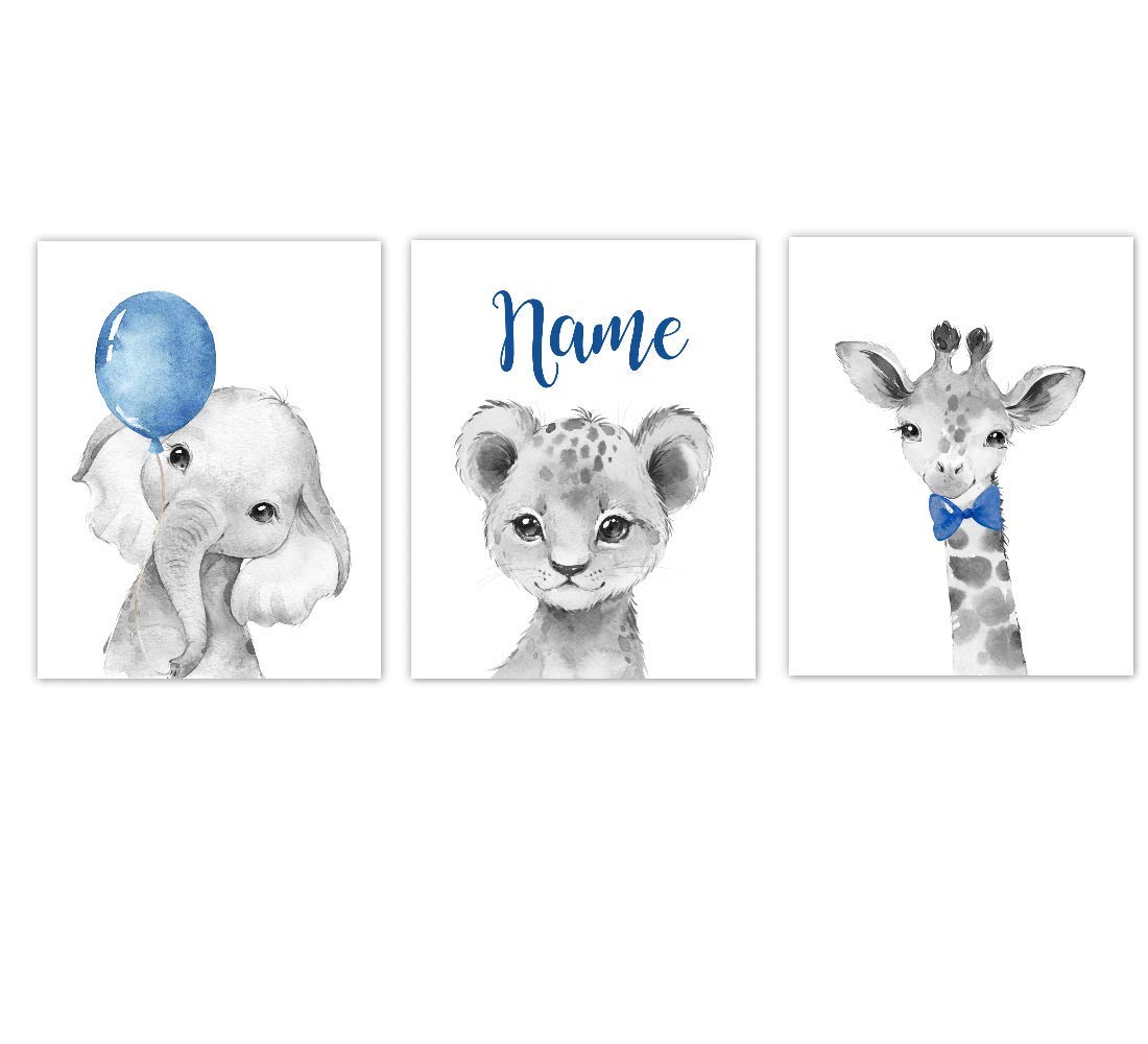 Safari Animals Baby Boy Nursery Wall Art Blue Elephant Giraffe Lion Decor 3 UNFRAMED PRINTS