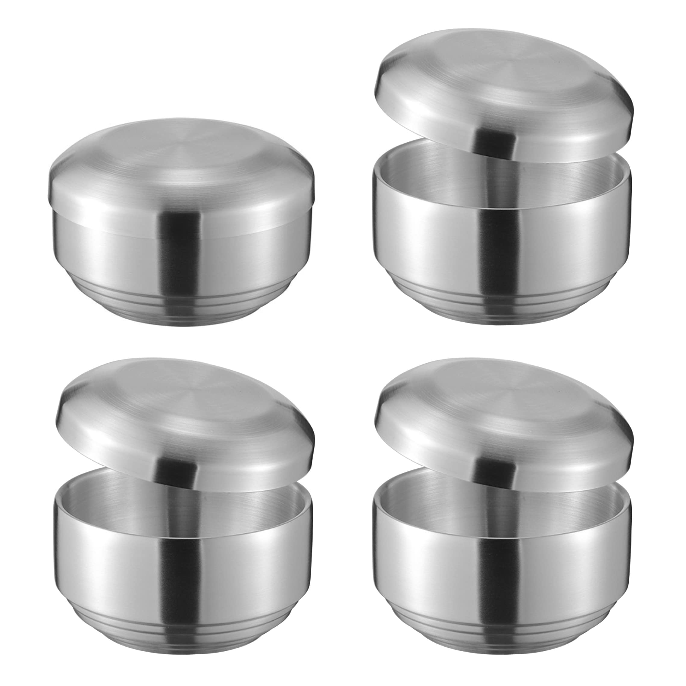 UPTALY Set Of 4 Food Grade 18/10 Stainless Steel Bowls With Lids (Silver, 4.9'' x 3.1''), Thicken Cereal Bowl With Saucer, Double-walled Steamed Soup Bowls, Children's Meal Bowl, Korean Kimchi Bowl