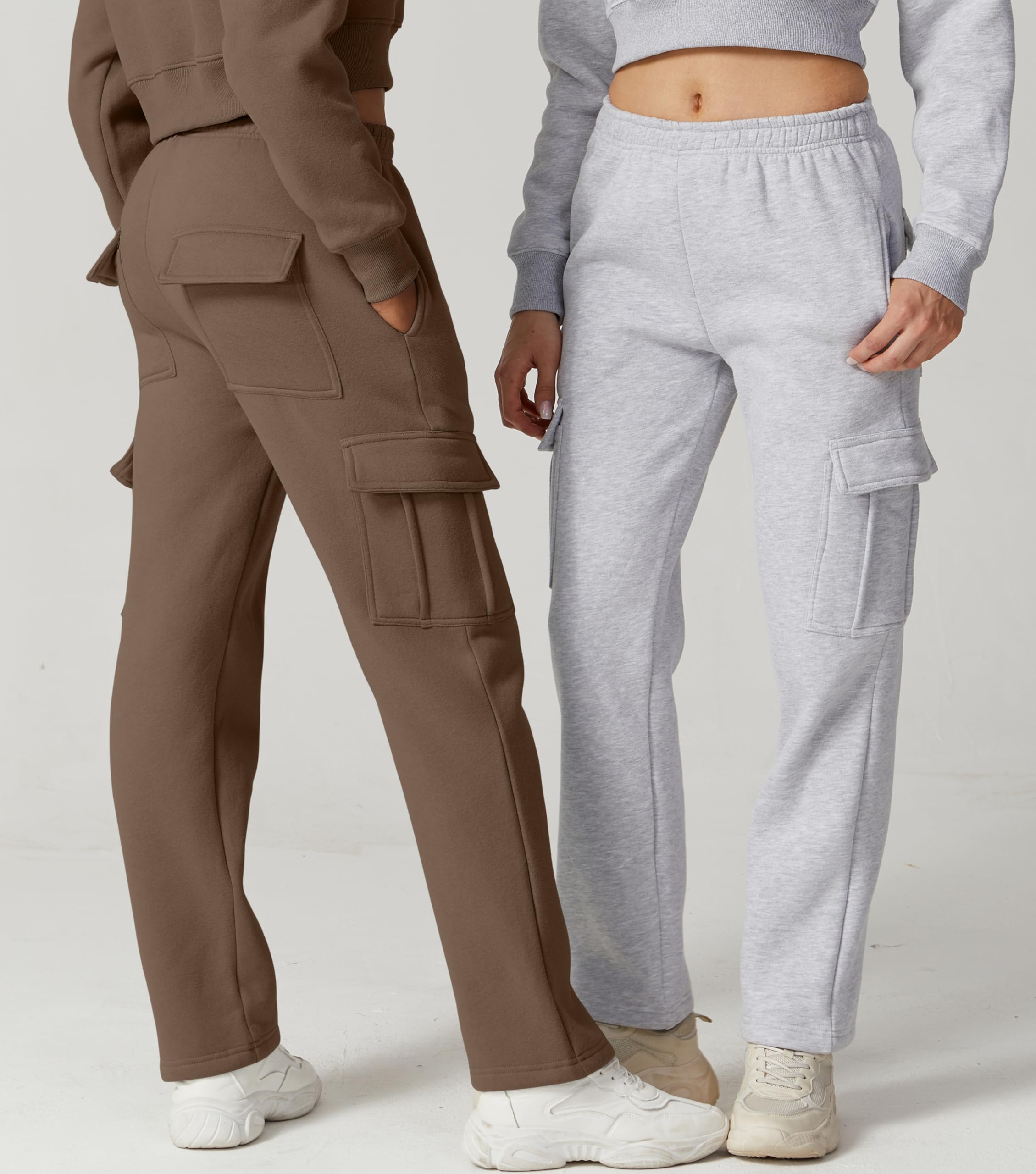 QINSEN Medium Waist Sweatpants for Women Baggy Fit Casual Long Pocket Cargo Pants Brown S