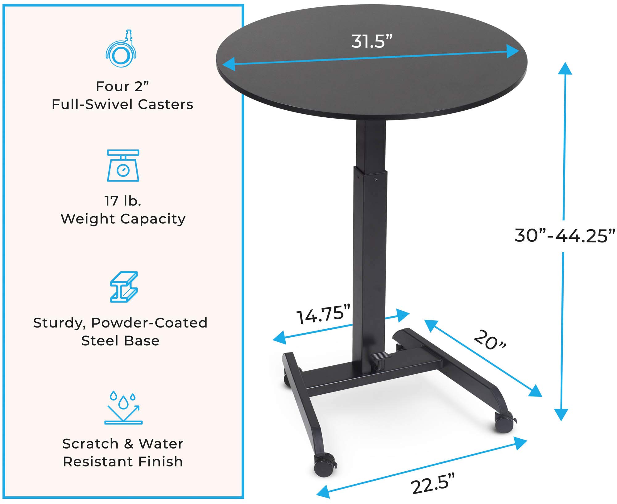 Stand Steady Height Adjustable Round Table & Multifunctional Mobile Workstation | Portable Standing Desk with Pneumatic Air Lift | Collaborative Workspace for School & Office | Easy Assembly (Black)