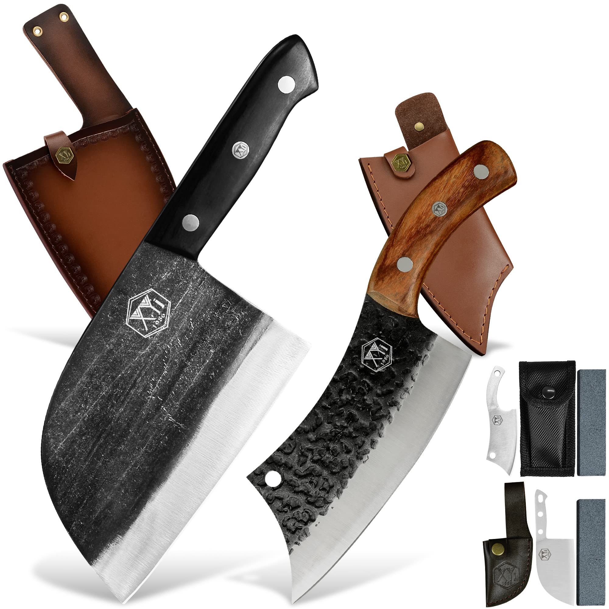 XYJ Full Tang Handmade Forged Serbian Chef Knife 6.7 Inch Butcher Knives 6.2 inch Boning Knife for Camping Hunting with Leather Sleeves