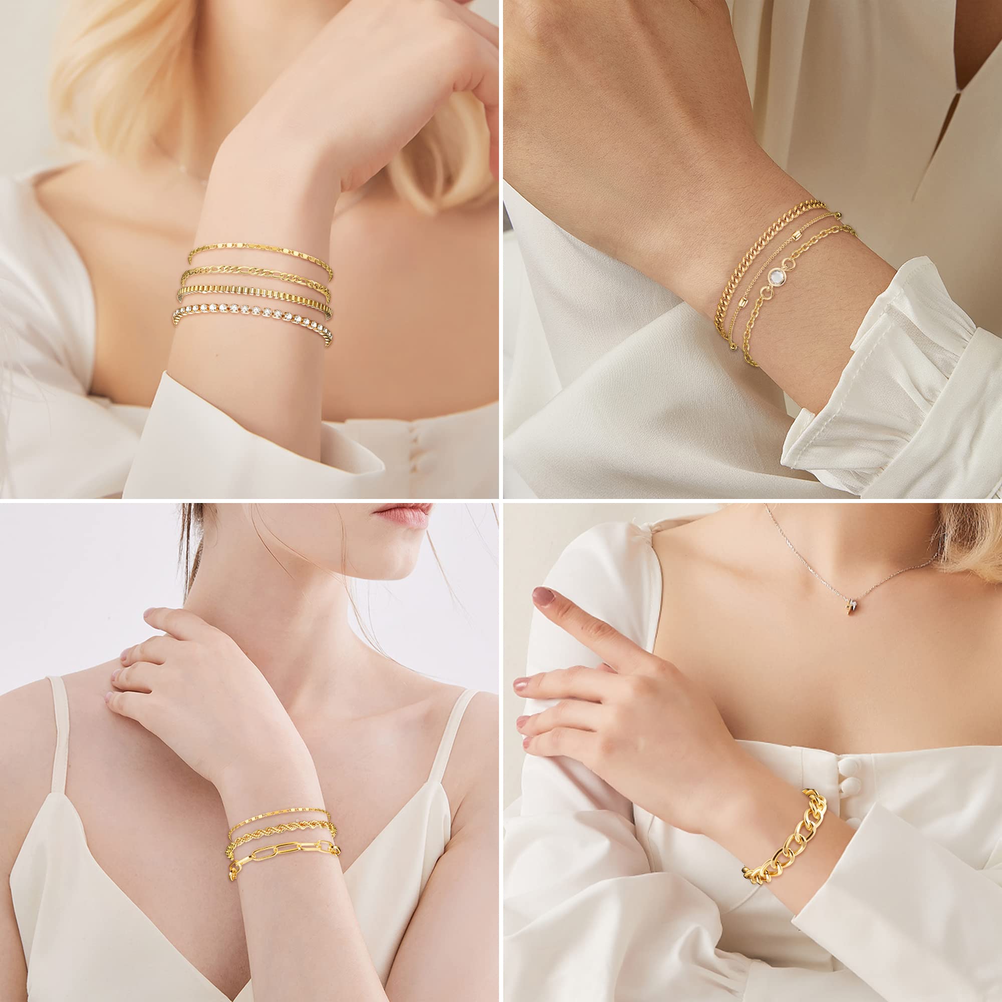 YADOCA 27Pcs Gold Stackable Chain Bracelets Set For Women 14K Gold Plated Boho Dainty Multiple Layered Stackable Open Cuff Wrap Bangle Adjustable Trendy Paperclip Link Italian Cuban Jewelry For Women