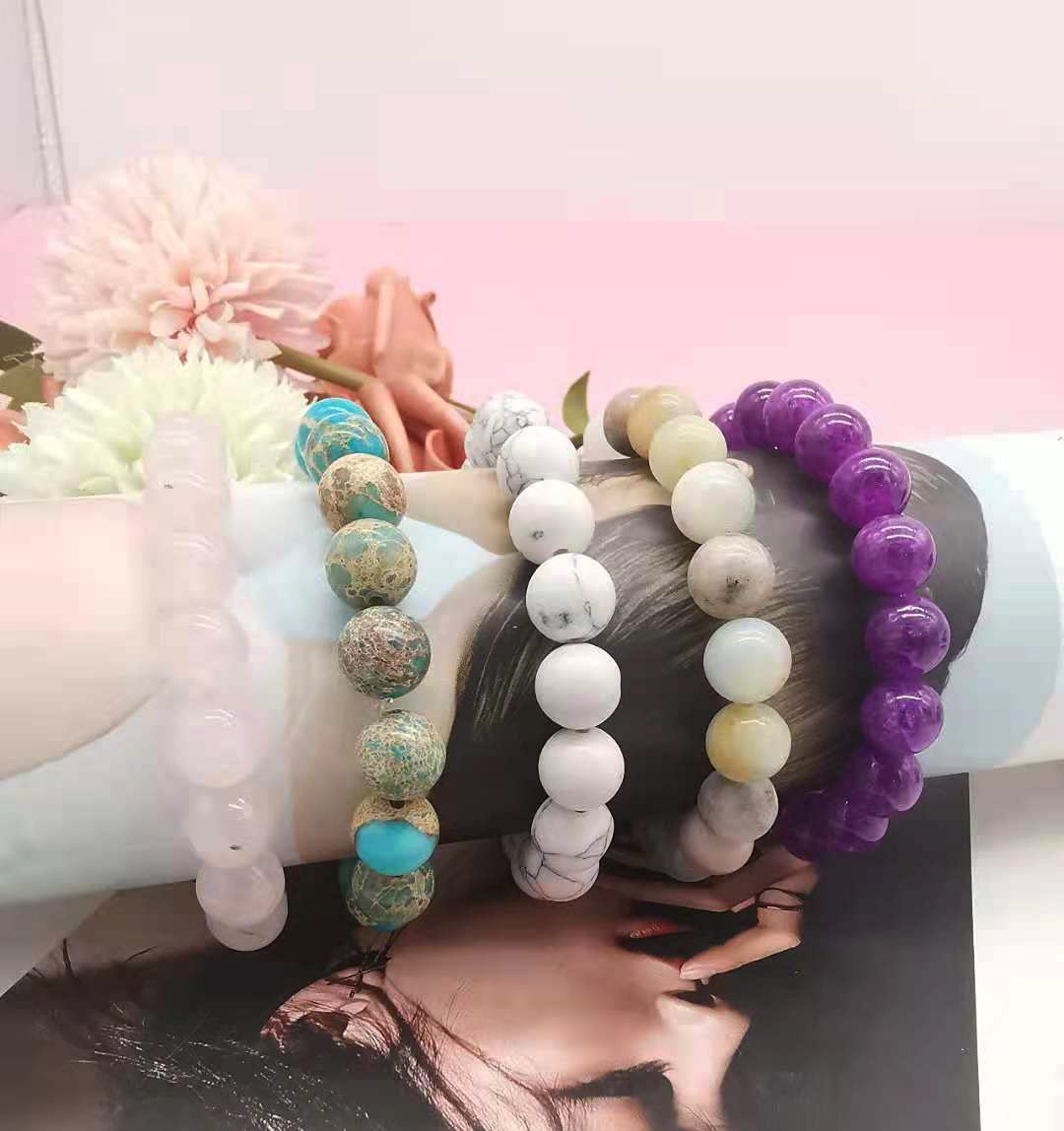 WAINIS 5 Pcs 10mm Semi-Precious Gemstones Beaded Bracelets for Men Women Crystal Stretch Beaded Bracelet Unisex