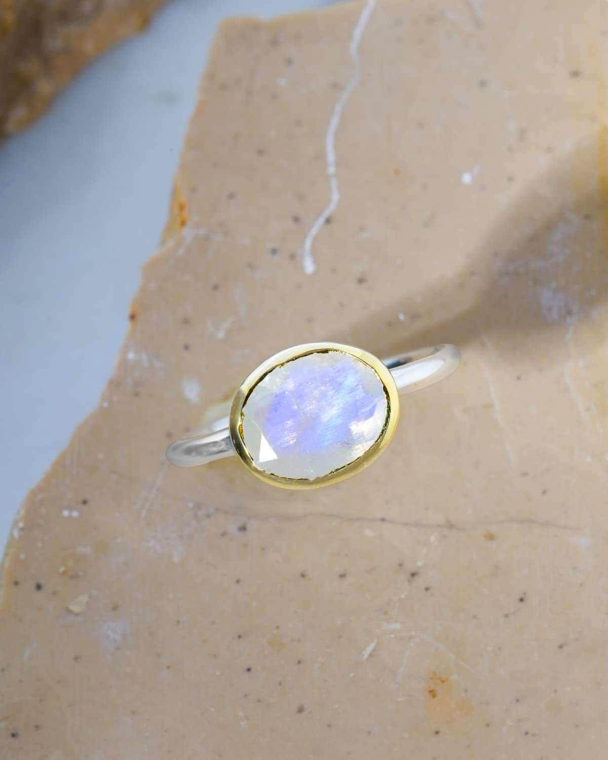 YoTreasure Rainbow Moonstone Solitaire Ring 14K Gold Plated Over 925 Silver Jewelry (9)