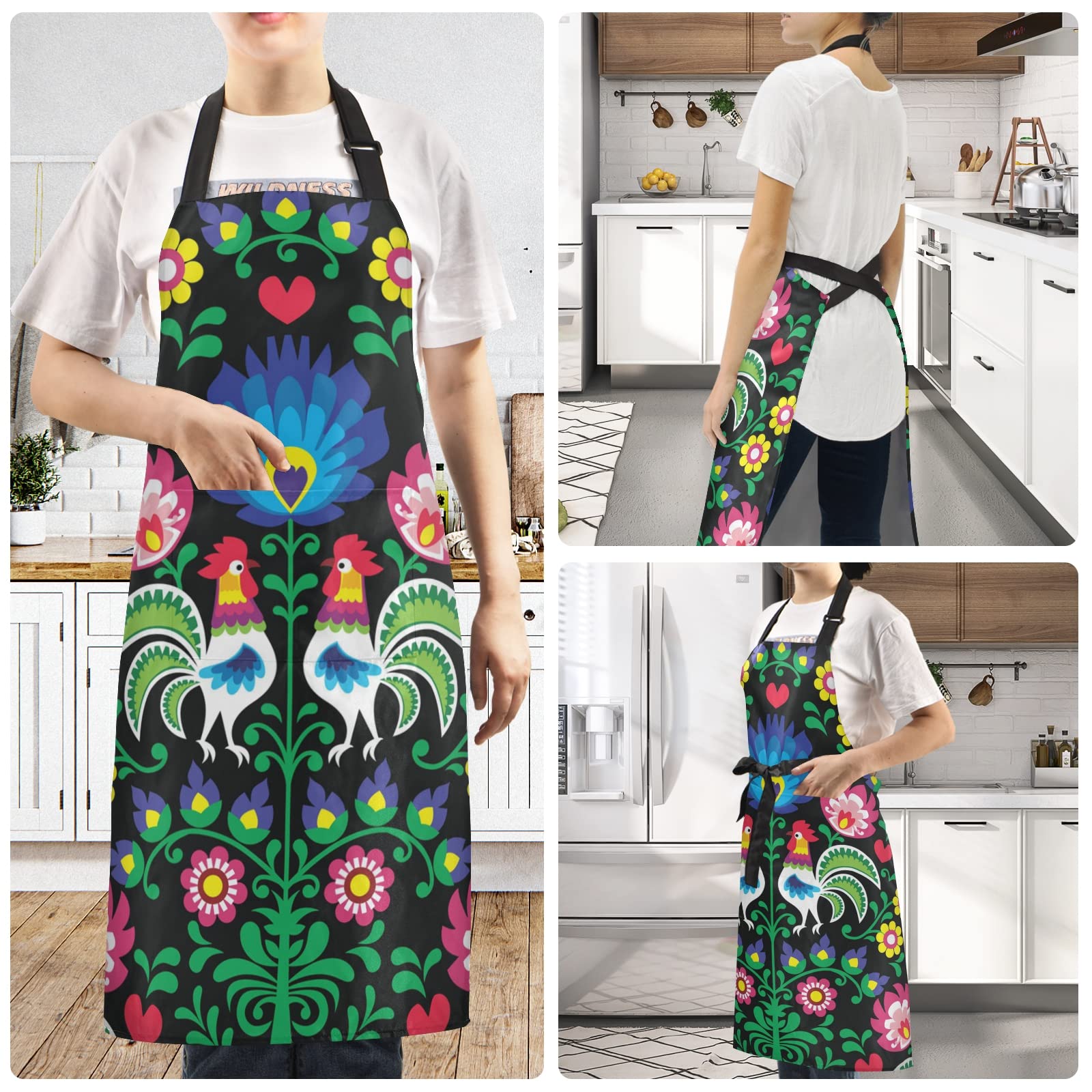 xigua Polish Folk Art Pattern Apron Larger Size Cooking kitchen Baking Unisex Aprons, Aprons for Women with Pockets