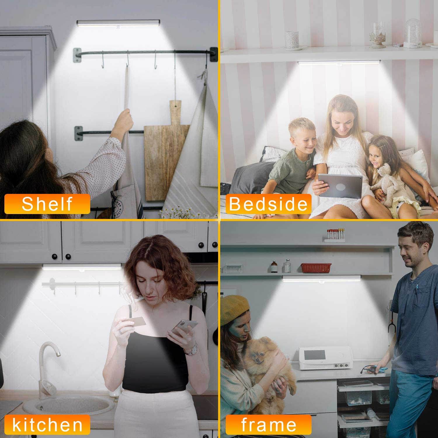 Remote Control Under Cabinet Lighting Wireless 6 Pack, 20-LED Dimmable Closet Lights Rechargeable Under Counter Light, Stick on Touch Night Light Strip Bar for Kitchen Stairway Bedroom, 3 Colors