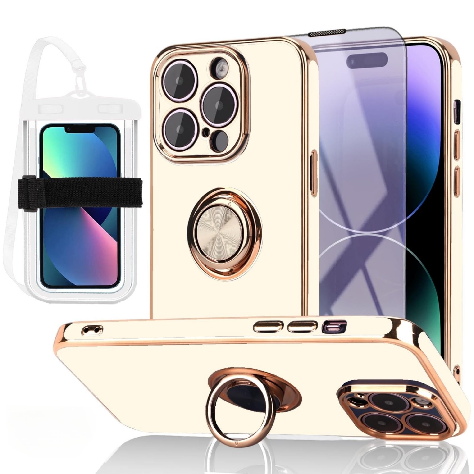 Sogrand for iPhone 14 Pro Case 3 in 1 with Screen Protector Anti Blue Light and Waterproof Phone Pouch W/Strap & Lanyard Car Magnetic Kickstand Ring Stand Shockproof Luxury Cute for Women Men (White)