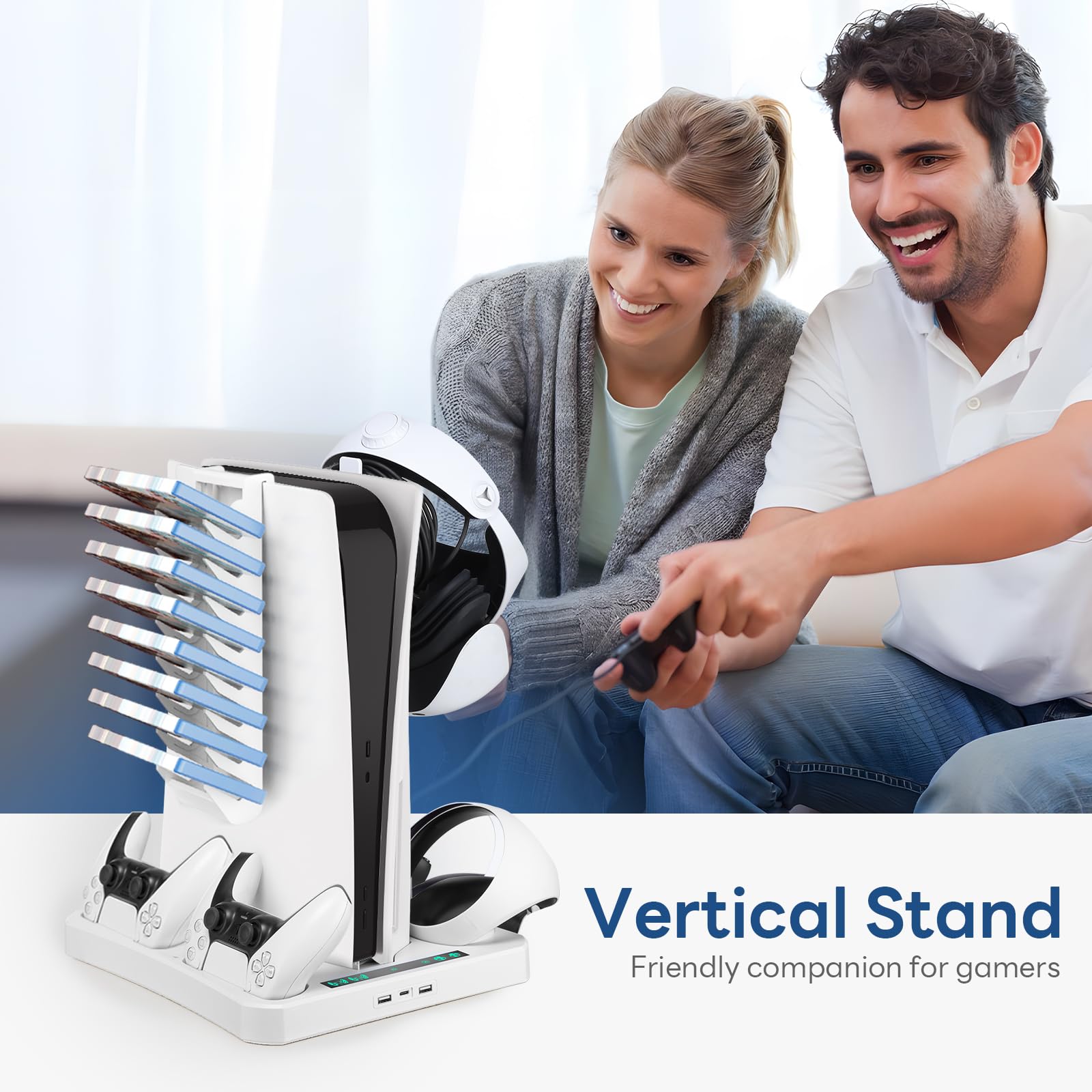 PS-5 Accessories Cooling Station, PSVR2 Charging Station for P5 Controller & PSVR 2, Play-station VR2 Headset Headphones Holder,8 Game Racks Storage,PS-5 Vertical Stand with Cooling Fan