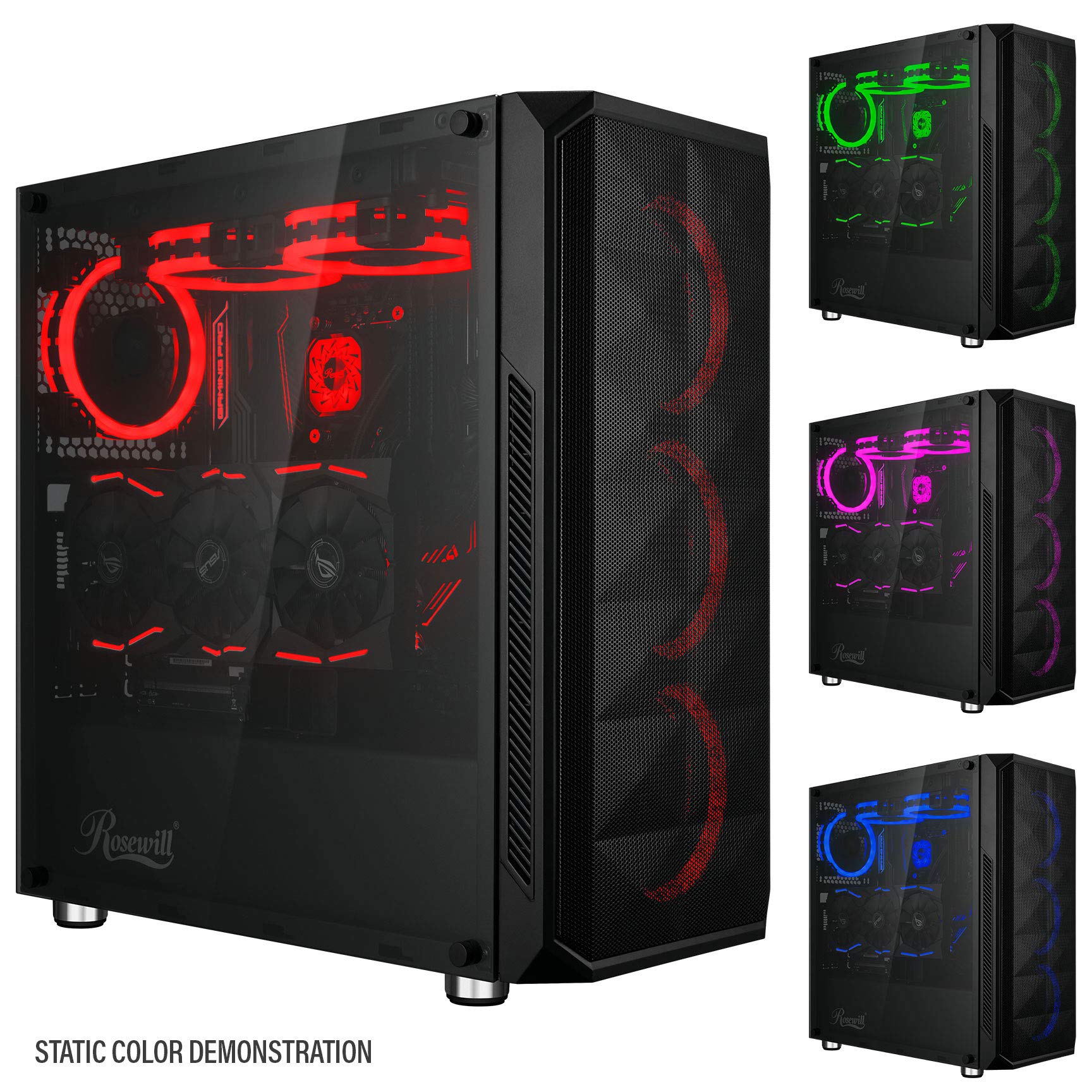 Rosewill ATX Mid Tower Gaming PC Computer Case, Dual Ring RGB LED Fans, 360mm & 240mm Liquid Cooling Radiator Support, Tempered Glass/Steel/Mesh, Great Cable Management/Airflow - Spectra D100