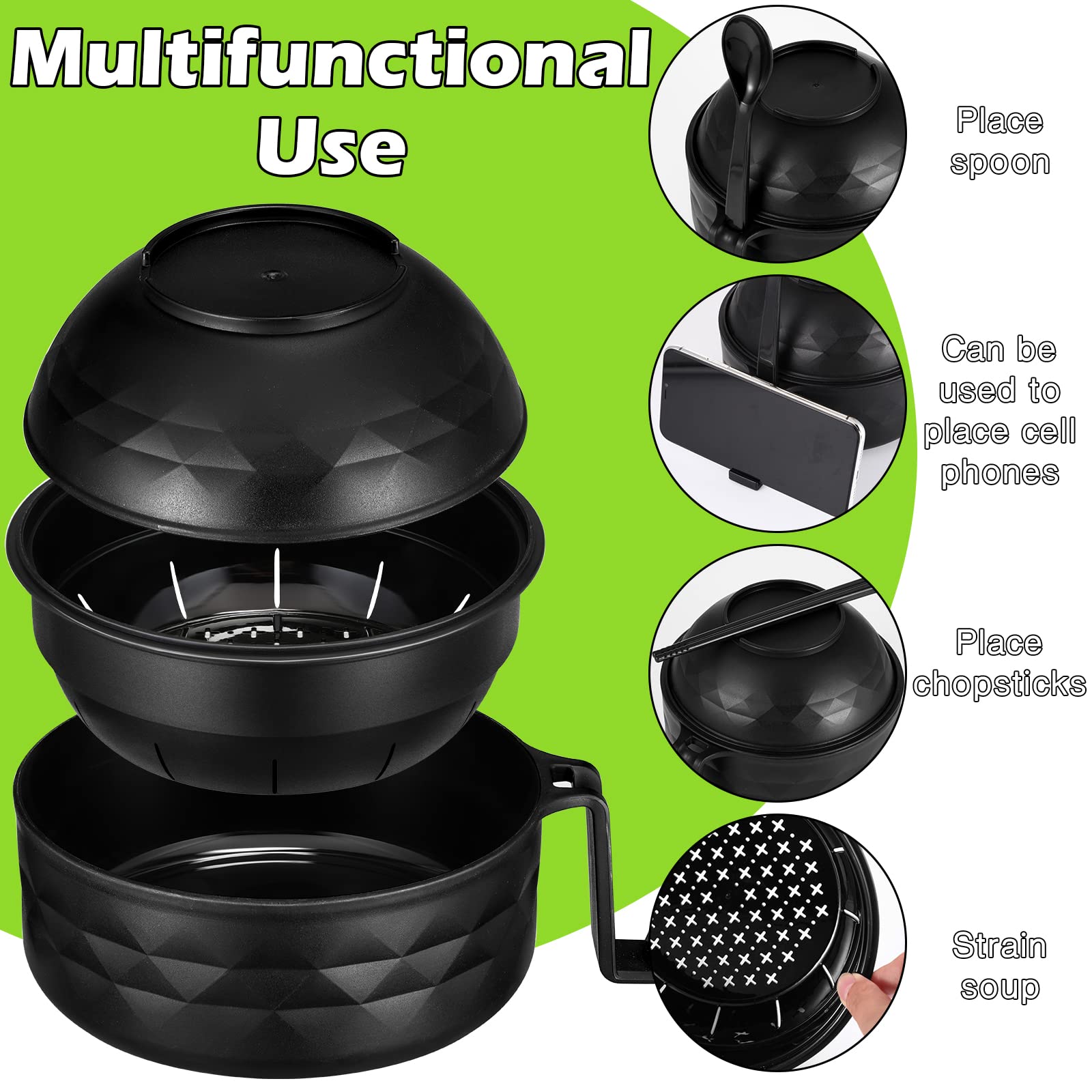 Zubebe 2 Sets Microwave Ramen Bowl Set with Handle Lid Ramen Cooker Ramen Noodle Bowl with Chopsticks Spoon Fork College Dorm Room Apartment Essentials, Dishwasher Safe, BPA Free (Black)
