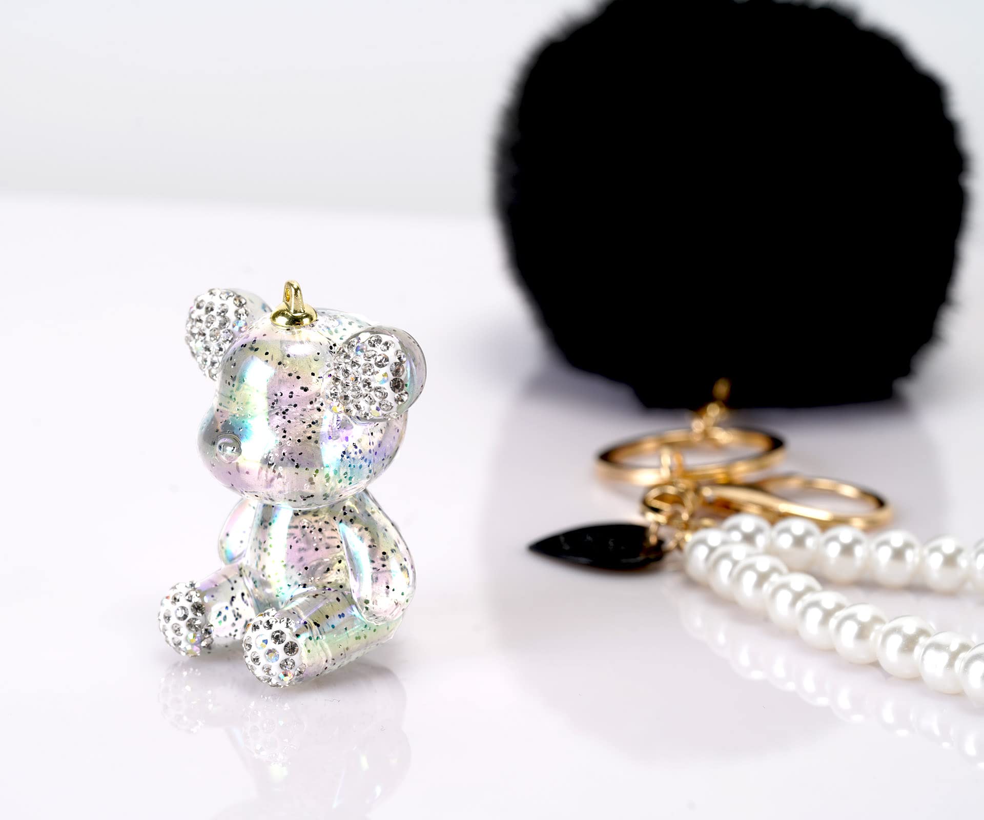 YOU WIZV Teddy Bear Keychain, Cute Bling Keychains for Women and Puff Ball key chains for Car Keys, Backpack, Purse Accessories, Aesthetic Black Pom Pom Keychain