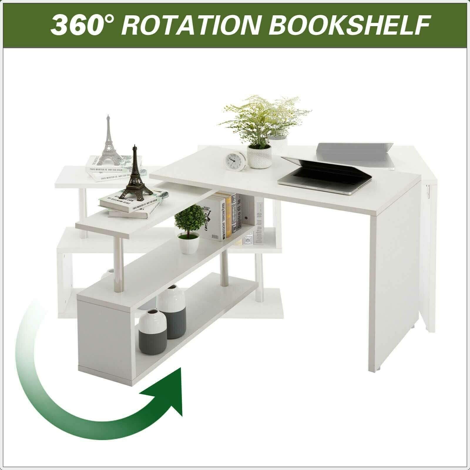 Rotating Desk, L-Shaped Computer Corner, Home Office Desk W/2-Tier Large Storage Bookshelves Desk
