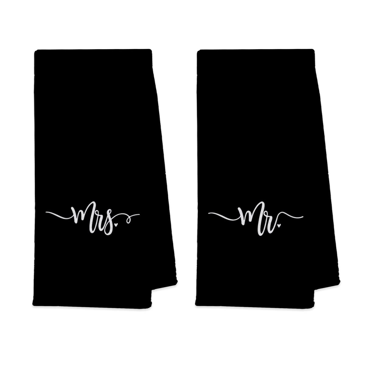 UINHMOP 16''x24'' Set of 2 Mr. and Mrs. Couple Soft and Absorbent Bath Towels Hand Towels for Bathroom Kitchen,Wedding Anniversary Valentine’s Day Gifts for Couples Newlyweds(Black)