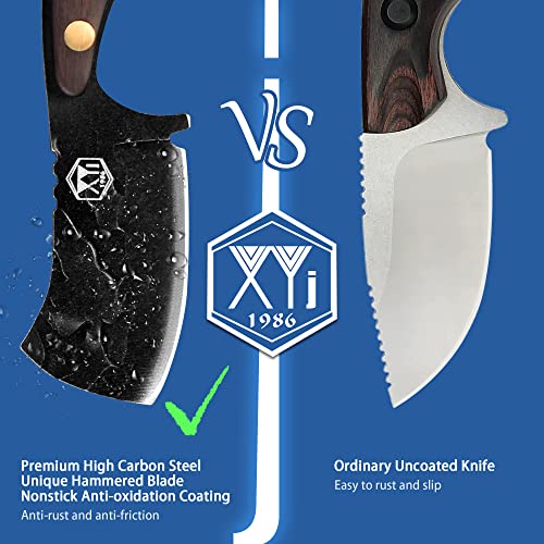 XYJ Authentic Since1986,Camping Pocket Knife With Leather Sheath,Stainless Steel Outdoor Chef Knives,Full Tang Camp Utility Knife,Black Small Portable Cutter (Style 4)