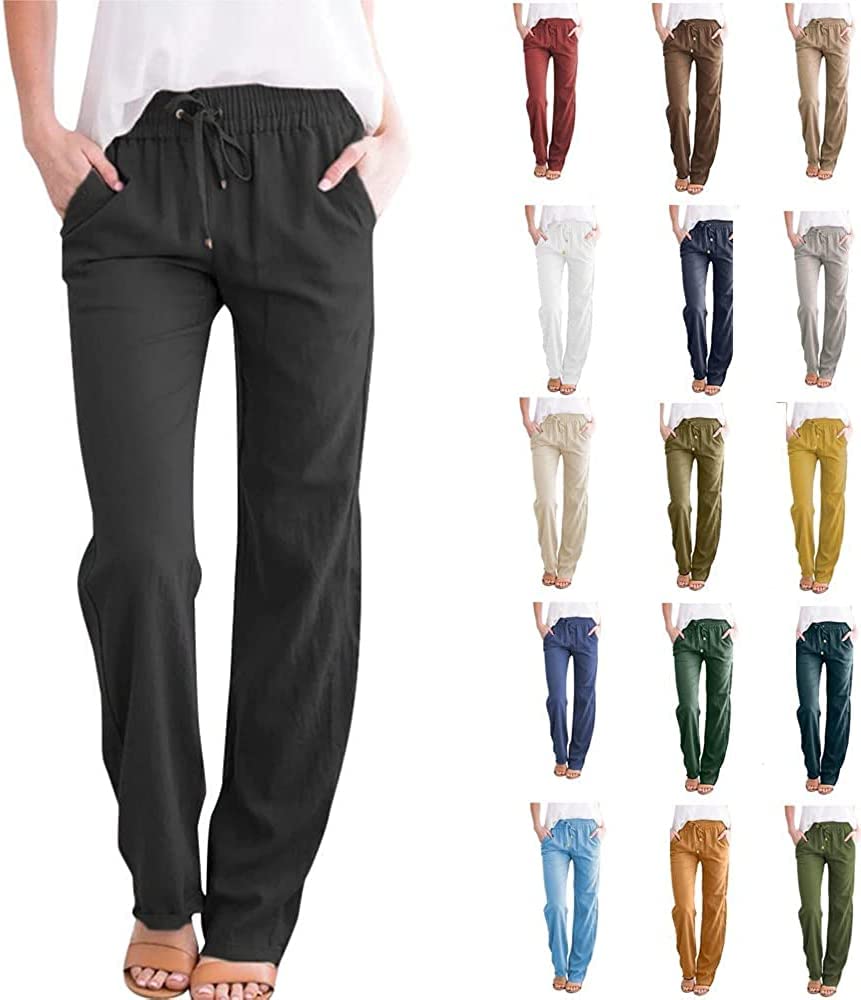 YangqiGY Womens Casual Pants Straight Solid Elastic Long Drawstring Linen Waist Wide Leg Yoga Navy #1 X-Large
