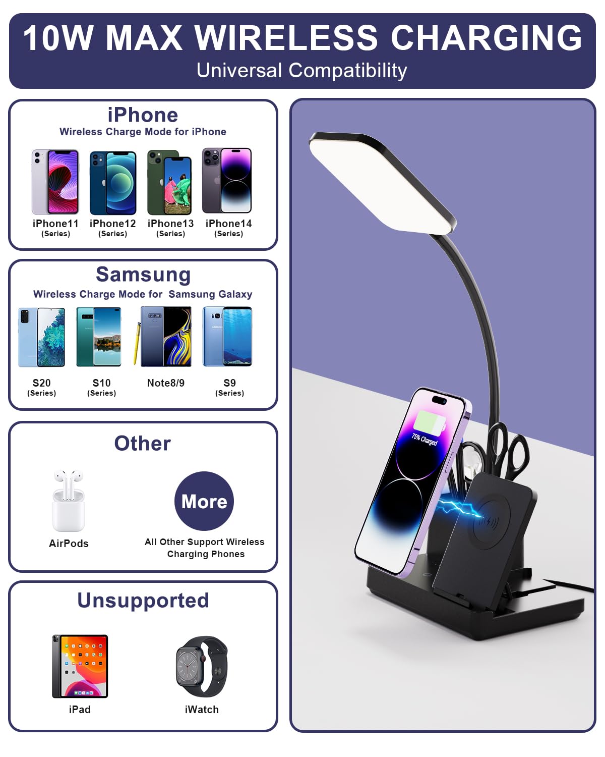 Sailstar Desk Lamp with Wireless Charger USB Charging Port, LED Desk Lamps for Home Office, 800LM 3 Lighting Modes Dimmable Pen Holder 360°Gooseneck, Eye-Caring Desk Light for College Dorm Room, Black