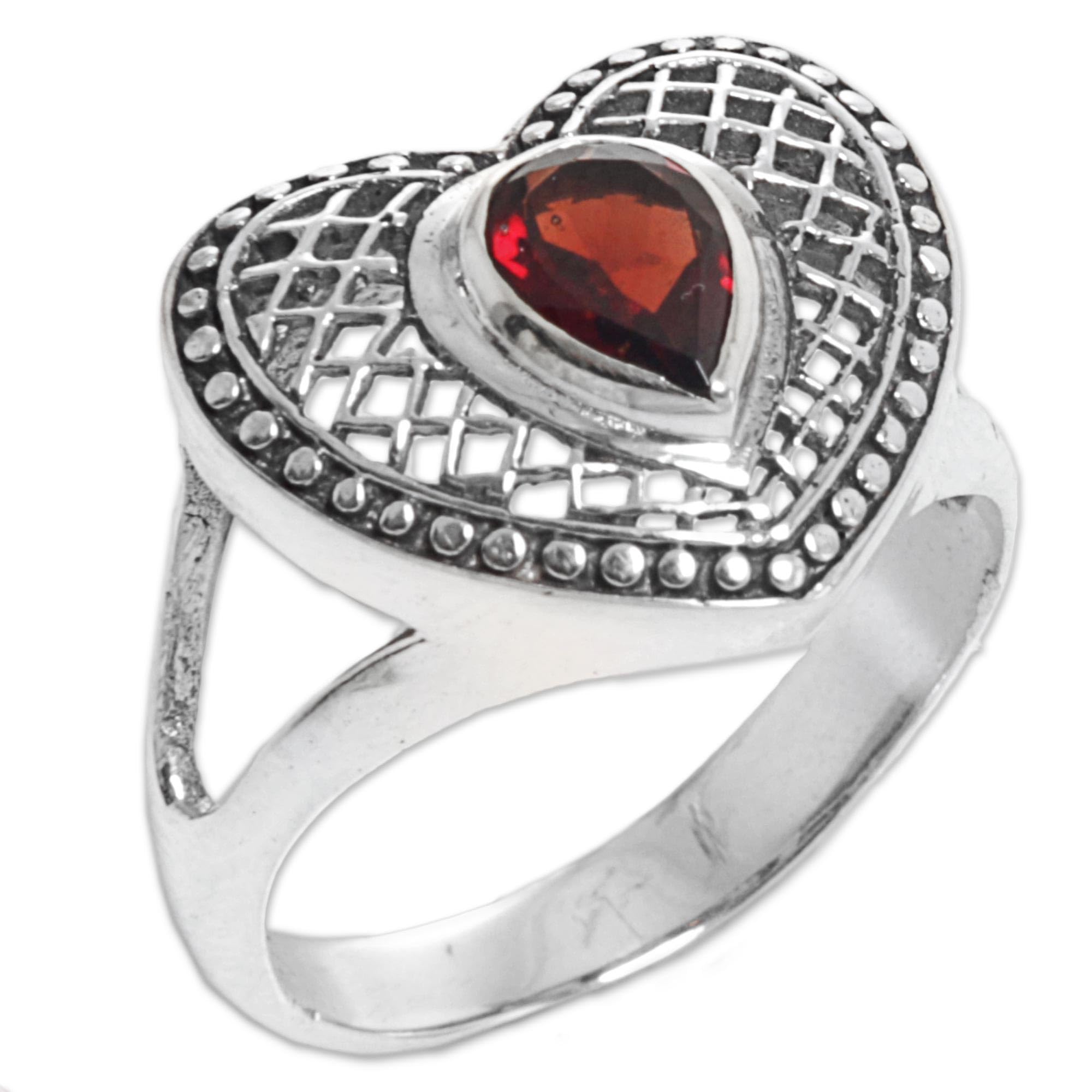 NOVICA Artisan Handmade Garnet Cocktail Ring .925 Sterling Silver Indonesia Aurora Birthstone 'Bali Heart in Red'