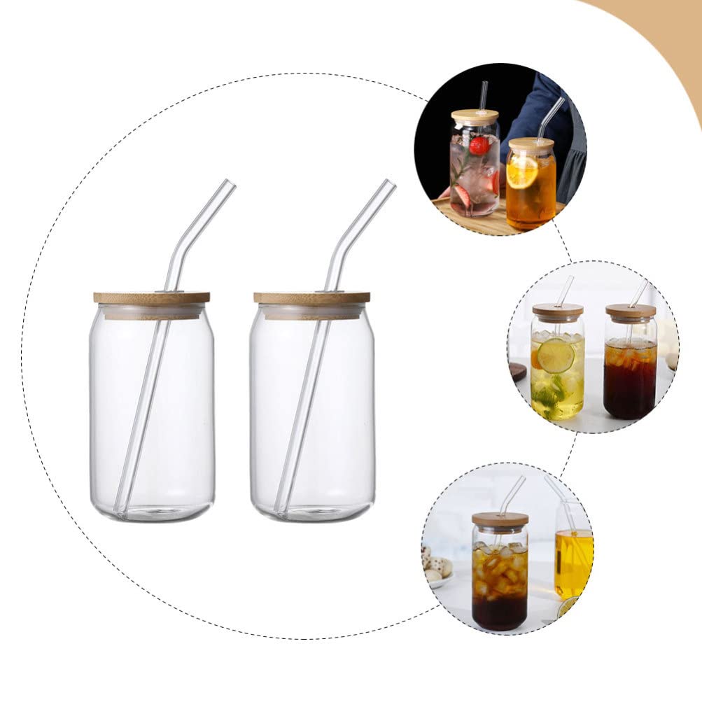 SEWACC 2 Pcs Glass Cups with Lids and Straws 12 Oz Iced Coffee Cup Drinking Glasses Water Glasses Tumbler Cup Ideal for Juice Coffee Tea and Cocktail